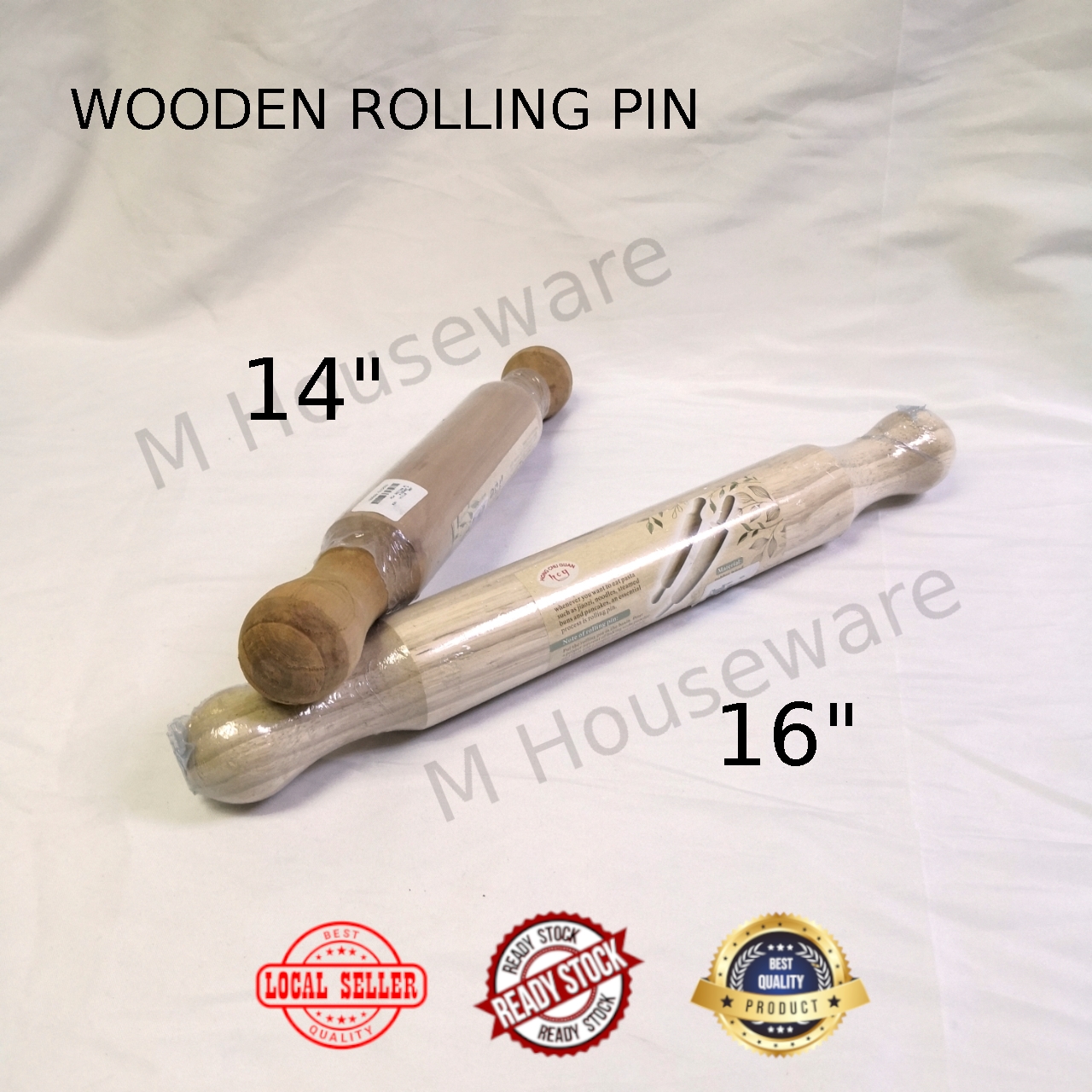 Penggelek Doh Tepung Kayu Gelek 14"-16" Wooden Rolling Pin Rubber Wood ...