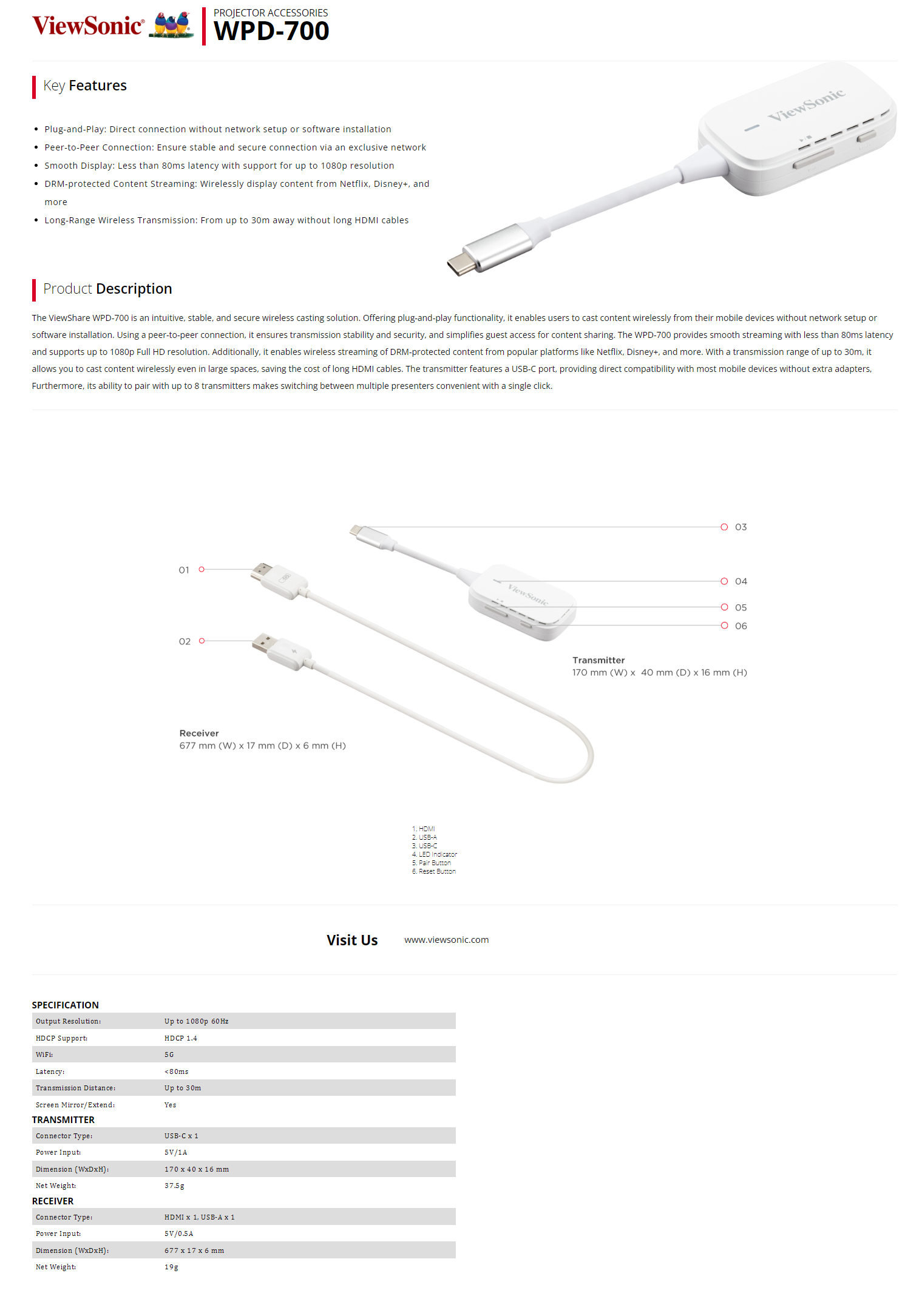 VIEWSONIC WPD-700 / WPD-900 VIEWSHARE WIRELESS SCREEN CASTING KIT WITH ...