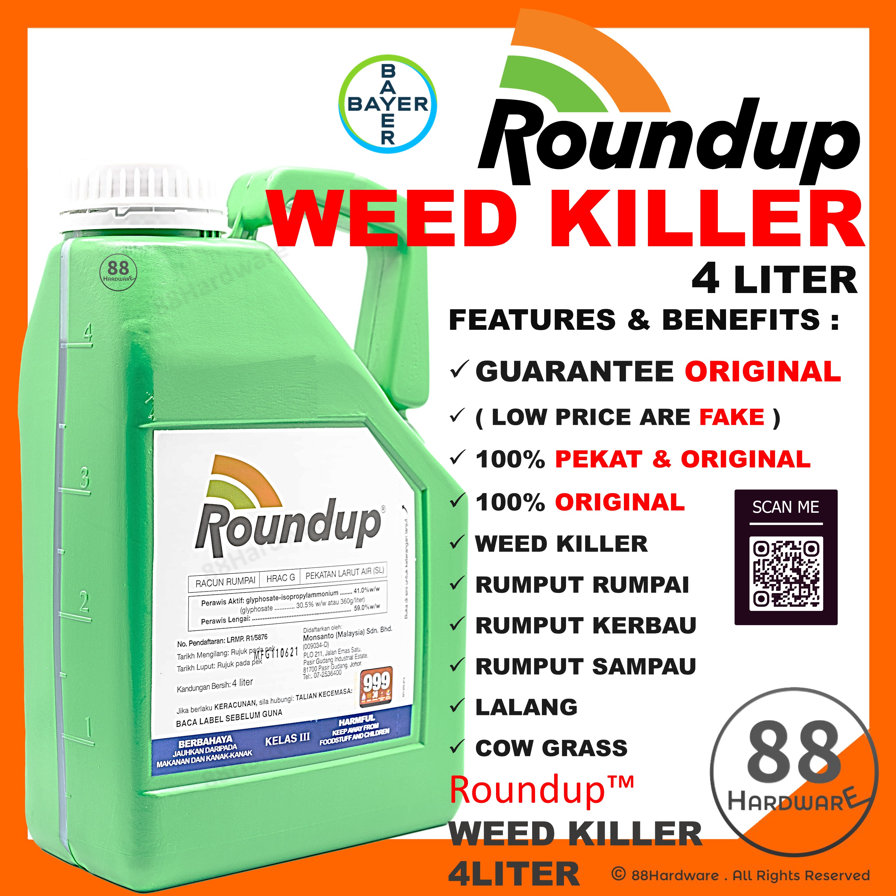 100% ORI 】4L ROUNDUP ORIGINAL weed killer Glyphosate 41% ( racun rumput ...