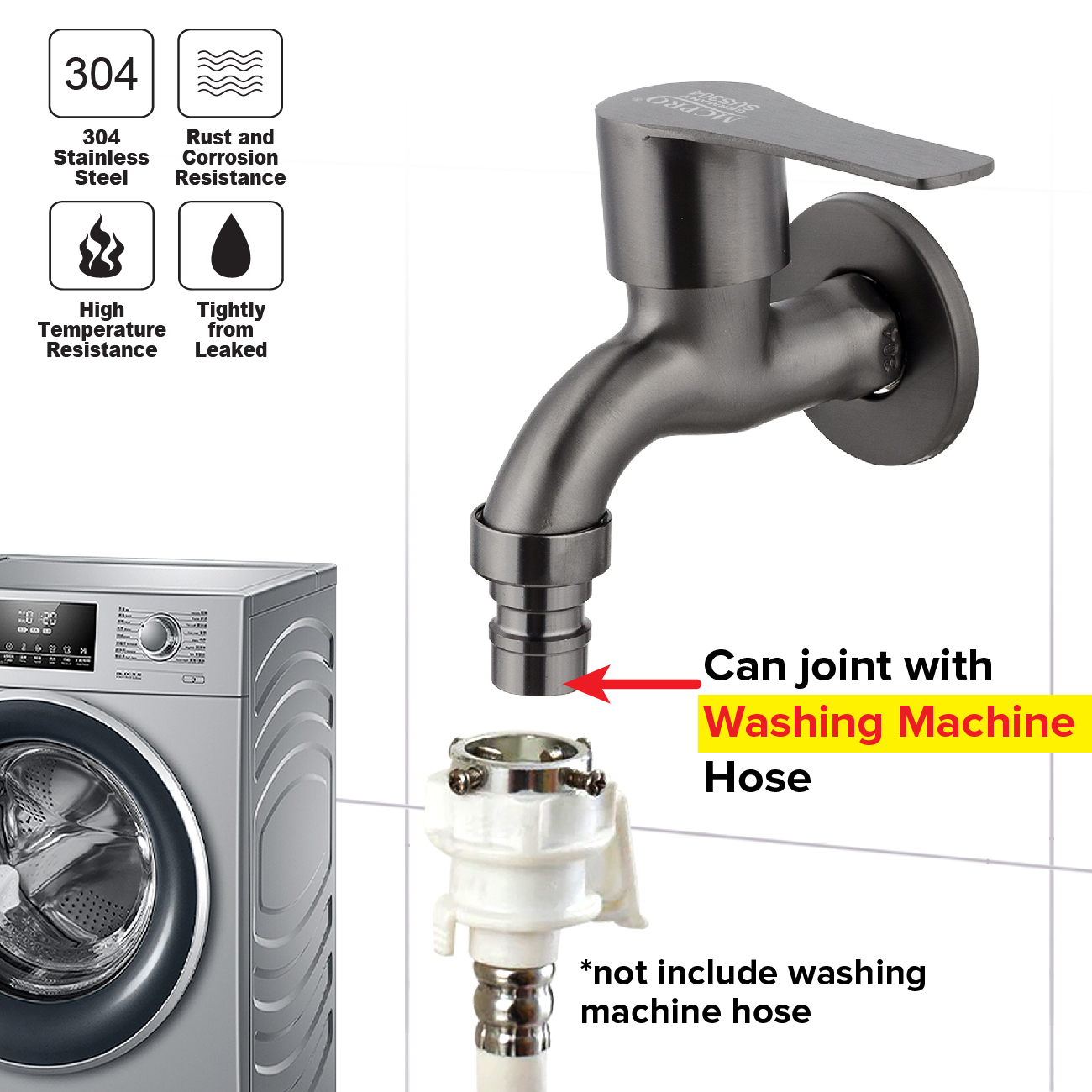 MCPRO Stainless Steel SUS304 Bathroom Faucet GUN GREY Wall Bib Tap With ...