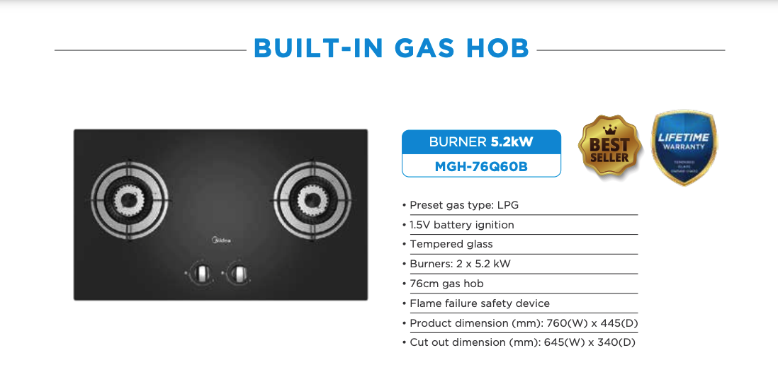 Midea Built-in Hob 2 Burners Gas Cooker 【 MGH-76Q60B , MGH-8216SS , MGH ...