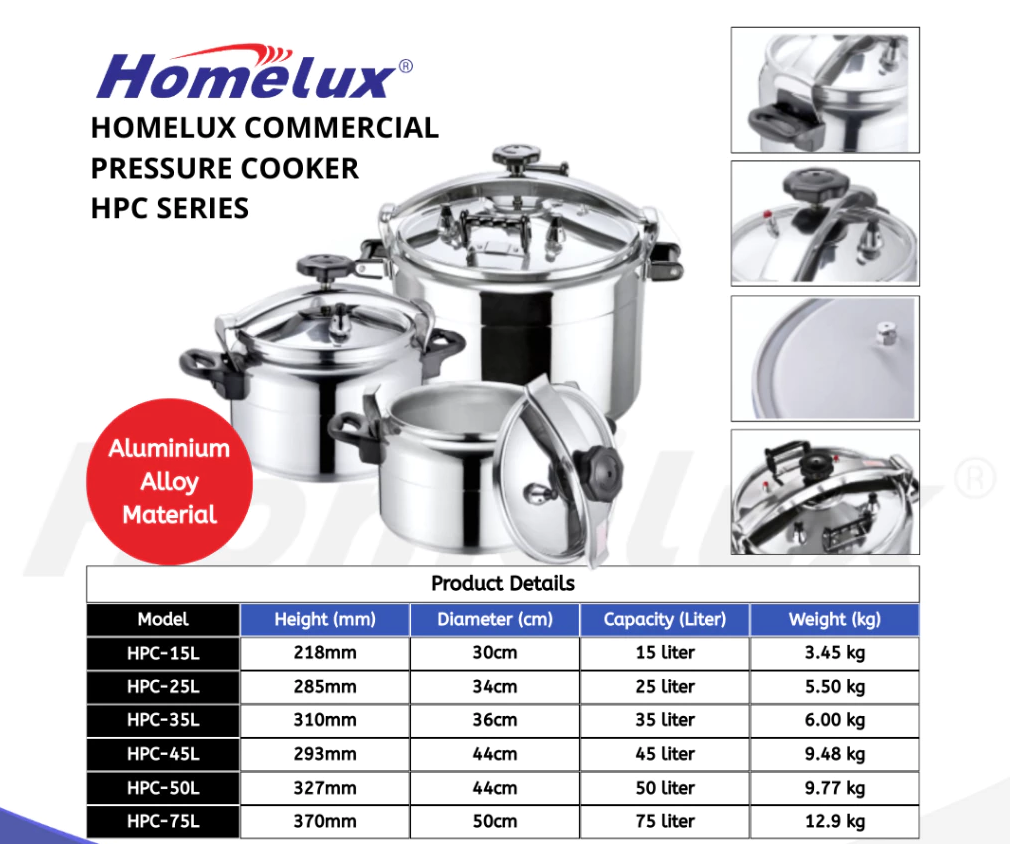 Homelux Commercial Pressure Cooker 15L / 25L / 35L / 45L / 50L / 75L ...