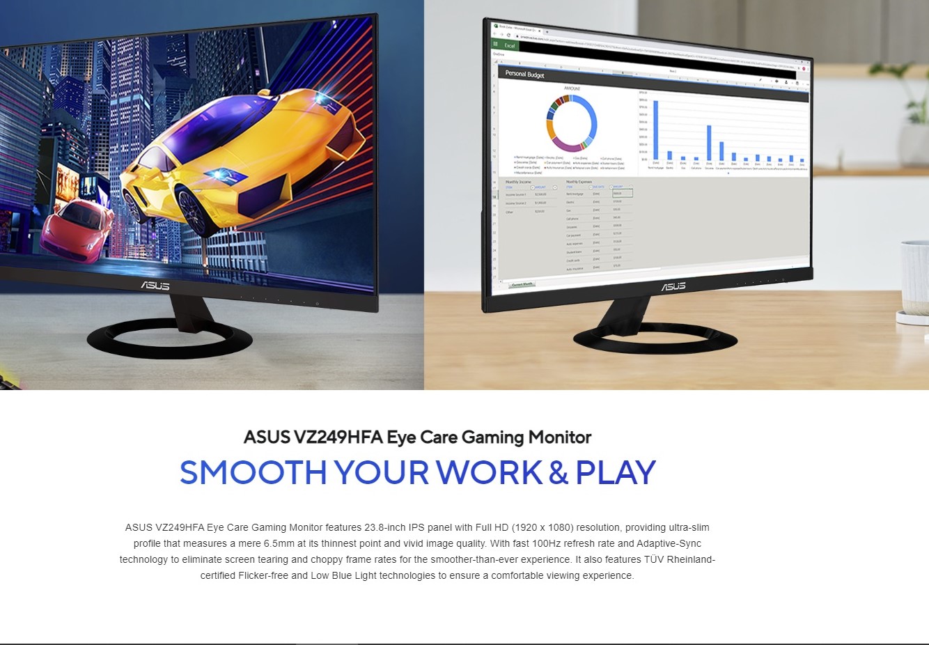 Asus 23.8" VZ24EHF / 27" VZ27EHF Eye Care 100Hz 1ms Ultra Slim FHD IPS ...