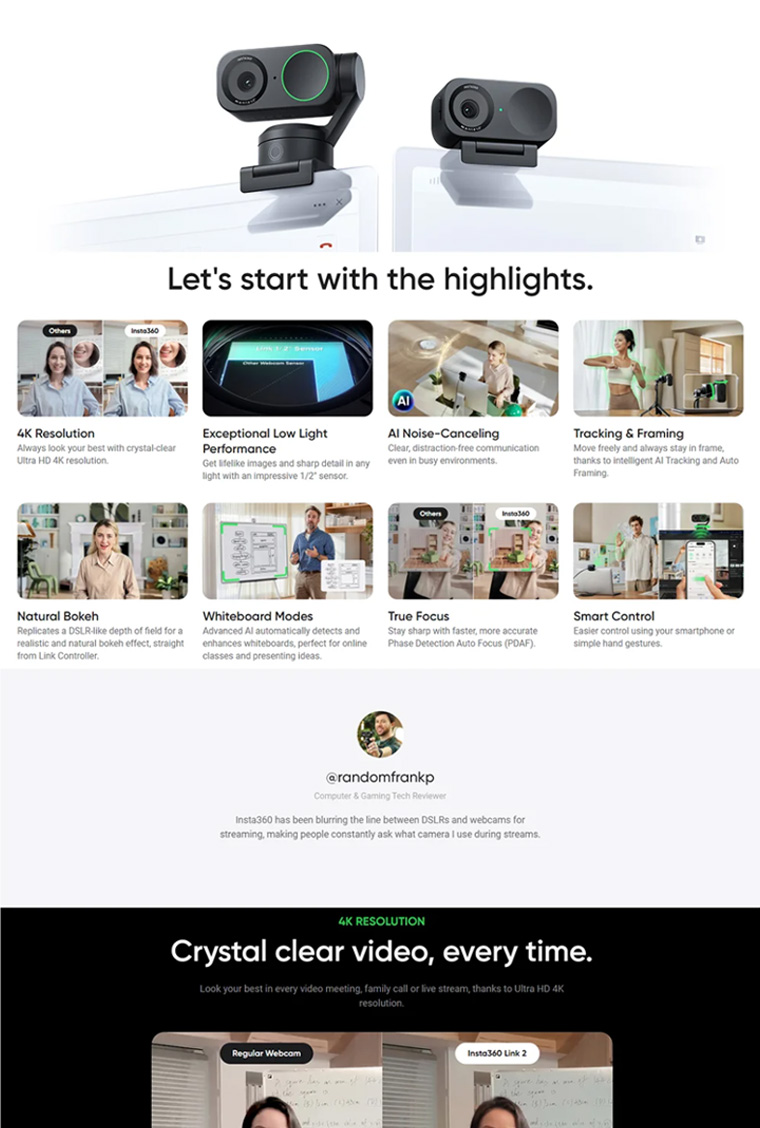 Insta360 Link 2 | LINK 2C 4K Webcam for PC 1/2" Sensor AI Tracking |AI ...