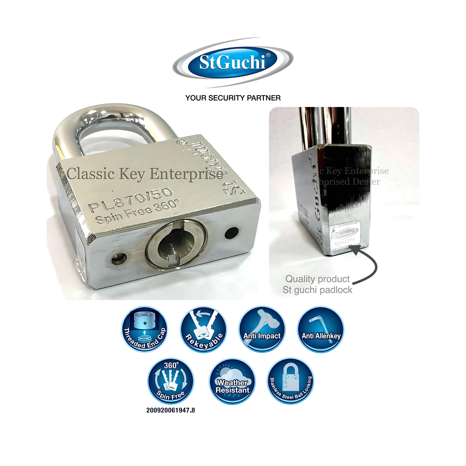 St Guchi Padlock Heavy Duty Model SGPL-870 Spin free (Size 50mm x 2 pcs ...