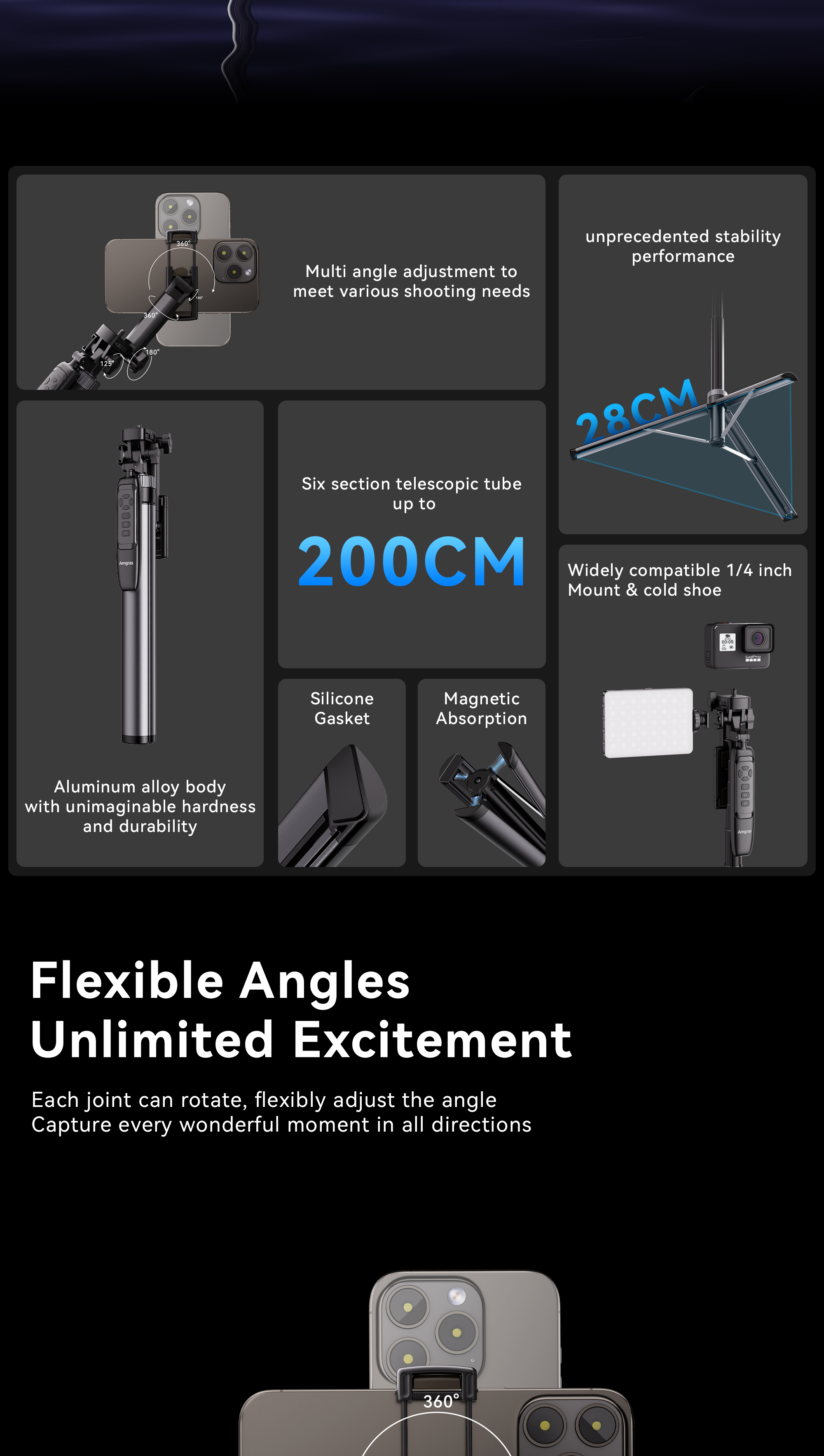 Amgras Tripod S03 Pro tripod selfie stick phone holder 2M stretchable ...