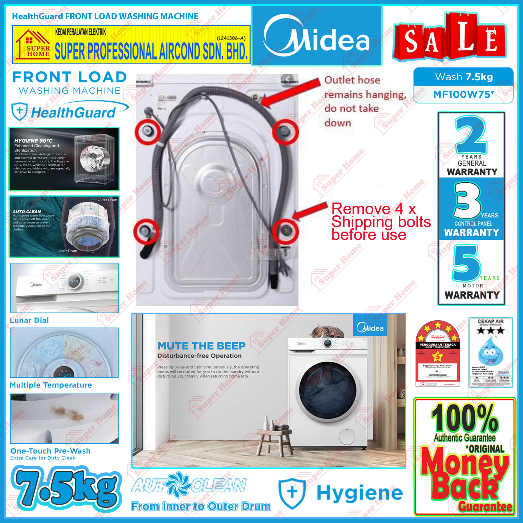 Midea Washer Machine MF100W75 7.5kg Front Load Washer Machine | Shopee ...