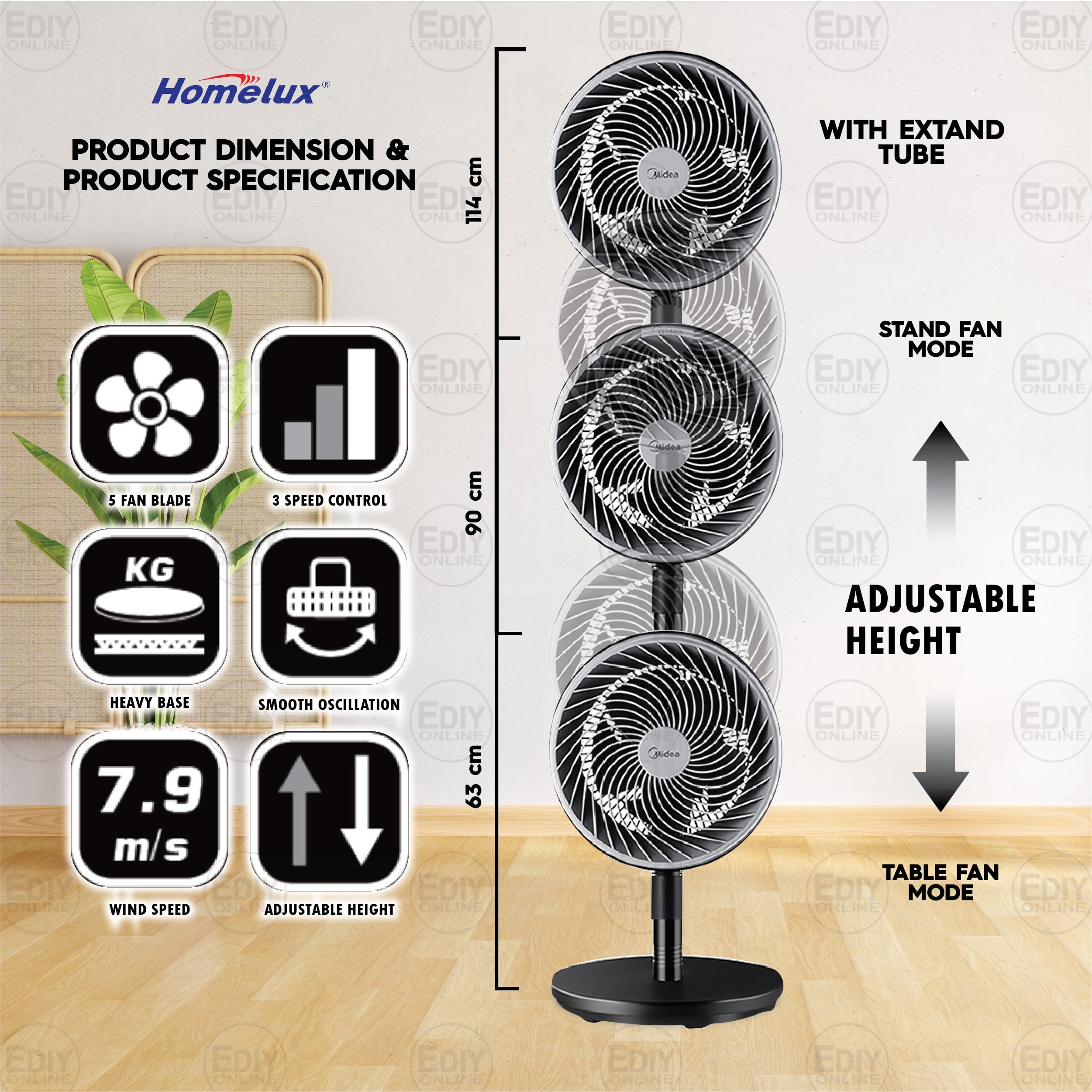 【2in1】Homelux HSF-108PW Stand Fan 8” Table Adjustable Height Powerful 3 ...