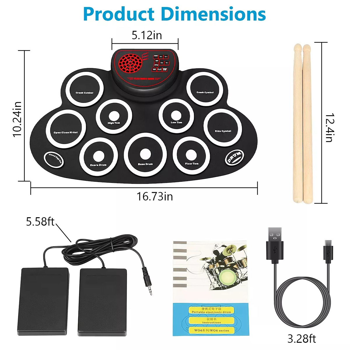 Electronic Drum Set Foldable Digital Drum Roll-Up Pad Electric Portable ...