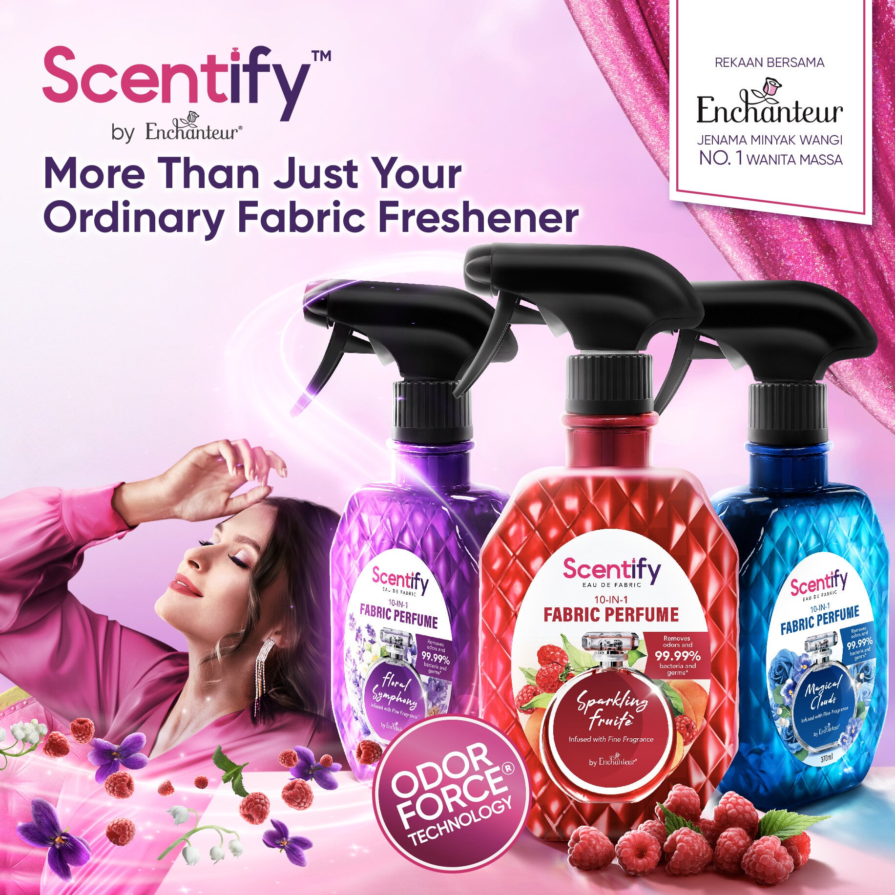 Scentify Eau De Fabric Perfume Bottle 370ml + Pouch 350ml Magical Clouds Sparkling Fruité Floral ...