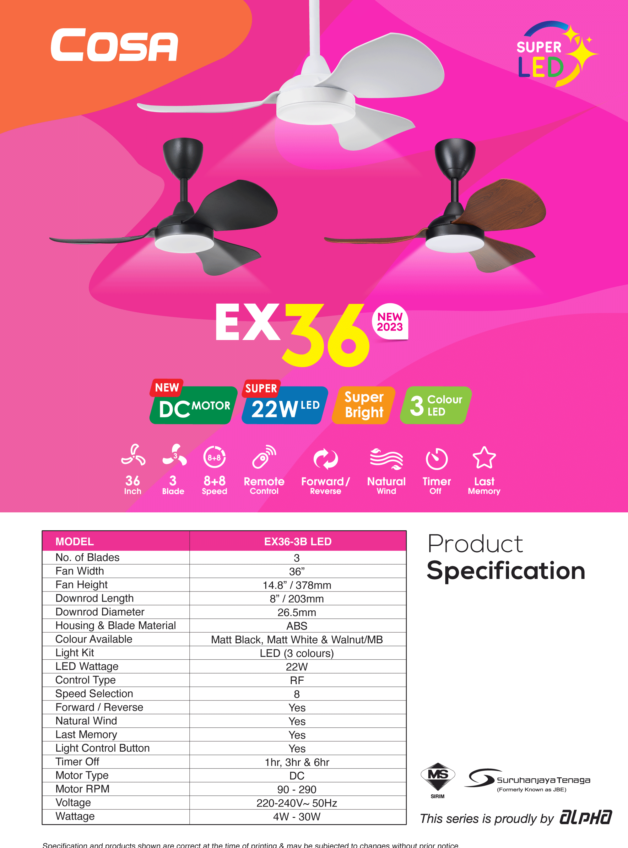 (FreeGift) Alpha | EX36 LED | 36Inch | DC Motor | 8 Speed | Natural ...