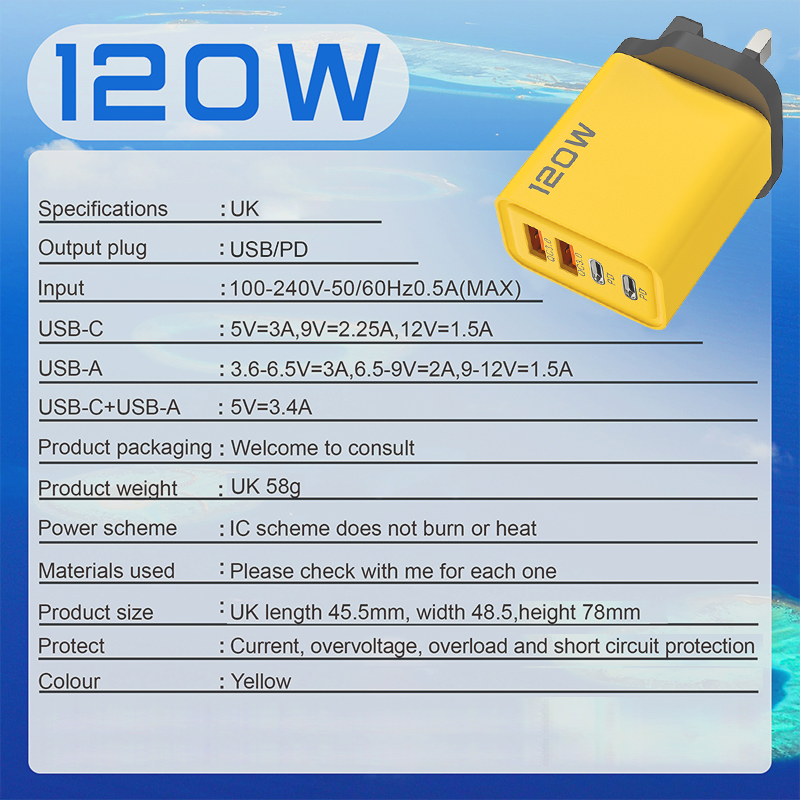 4 Port Fast Charger 120W 2Type-C+2USB Mobile Phone Power Adapter UK ...