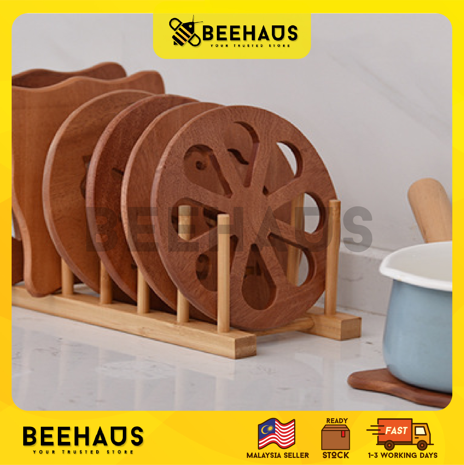Beehaus Bamboo Plate Coaster Holder | Kitchen Wooden Dish Rack Dish ...