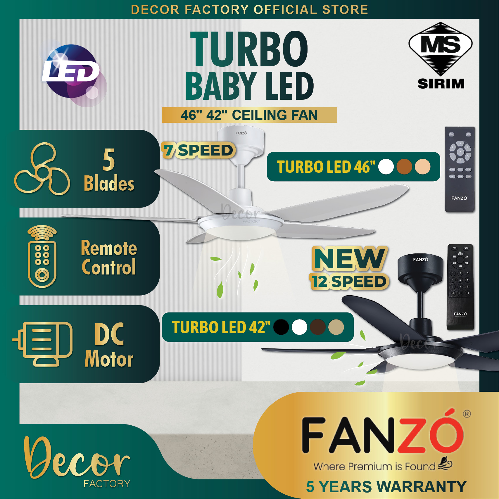 [NEW] FANZÓ Fan FANZO TURBO BABY LED 46" 5 Blades 14 Speed DC Motor 3 ...