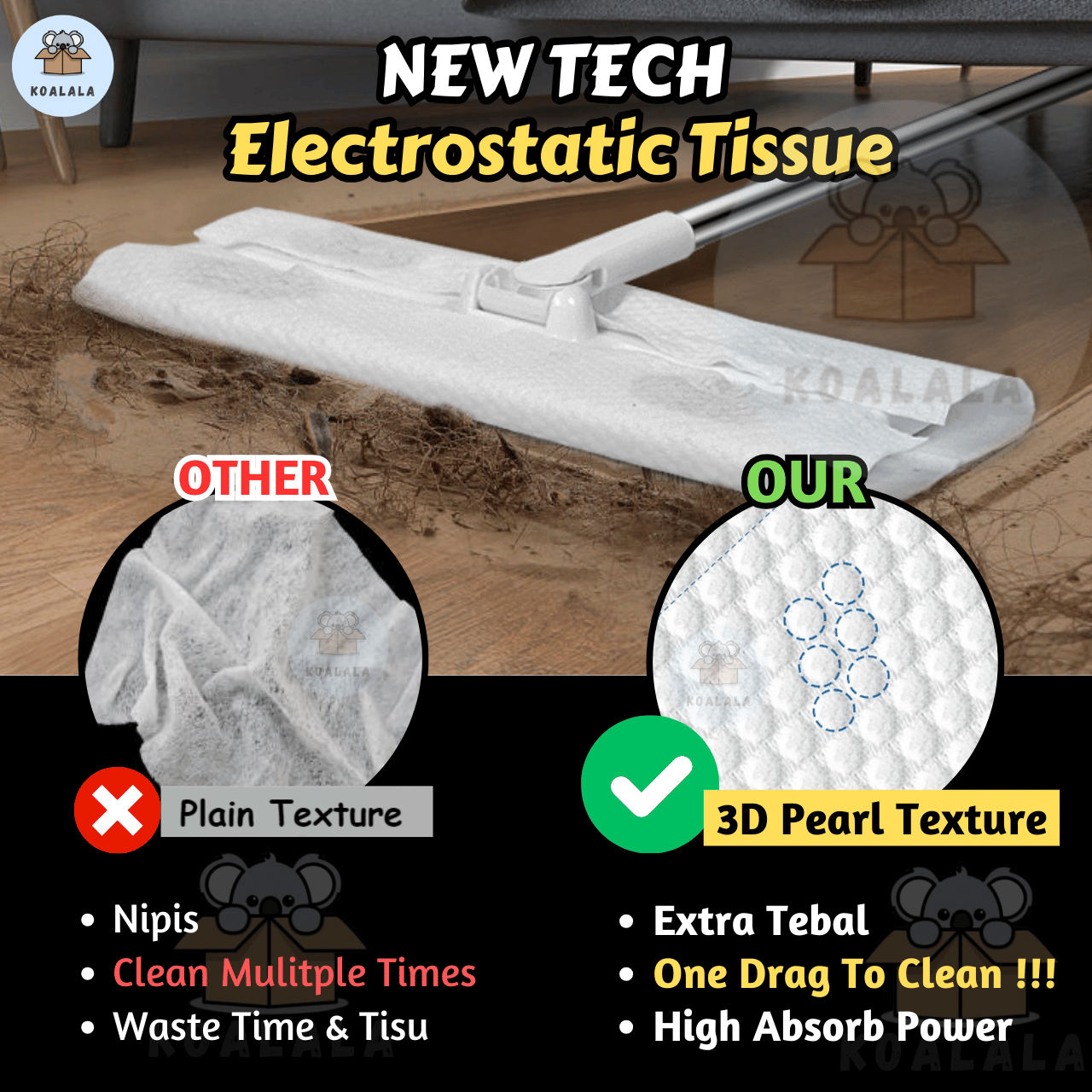 【10 Pack SET】Electrostatic Flat Mop Tisu Pengelap Lantai Mop Tisu Dust ...