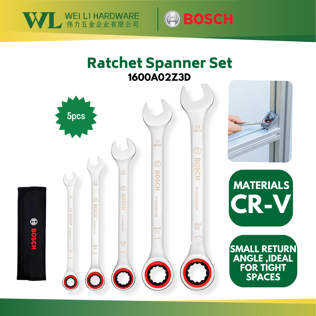 BOSCH 1600A02Z3D Ratchet Spanner Set 5pcs/Heavy Duty/Combination Wrench ...