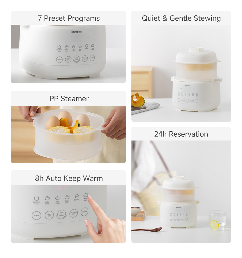 Simplus Electric Slow Cooker丨1L Stew Pot丨Double Boiling丨Smart Preset ...