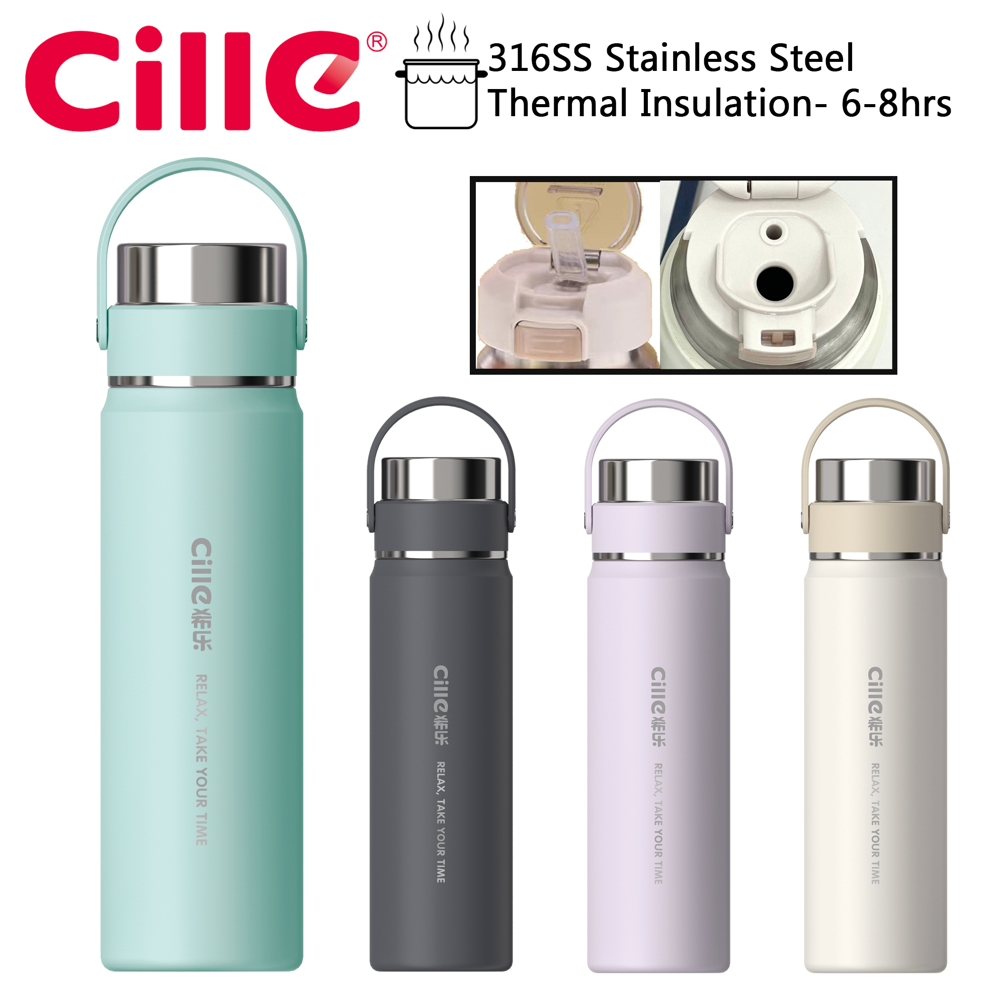Cille 560ml Dual Head Leisure Travel Office Style 316SS Vacuum Flask Thermos Water Bottle ...