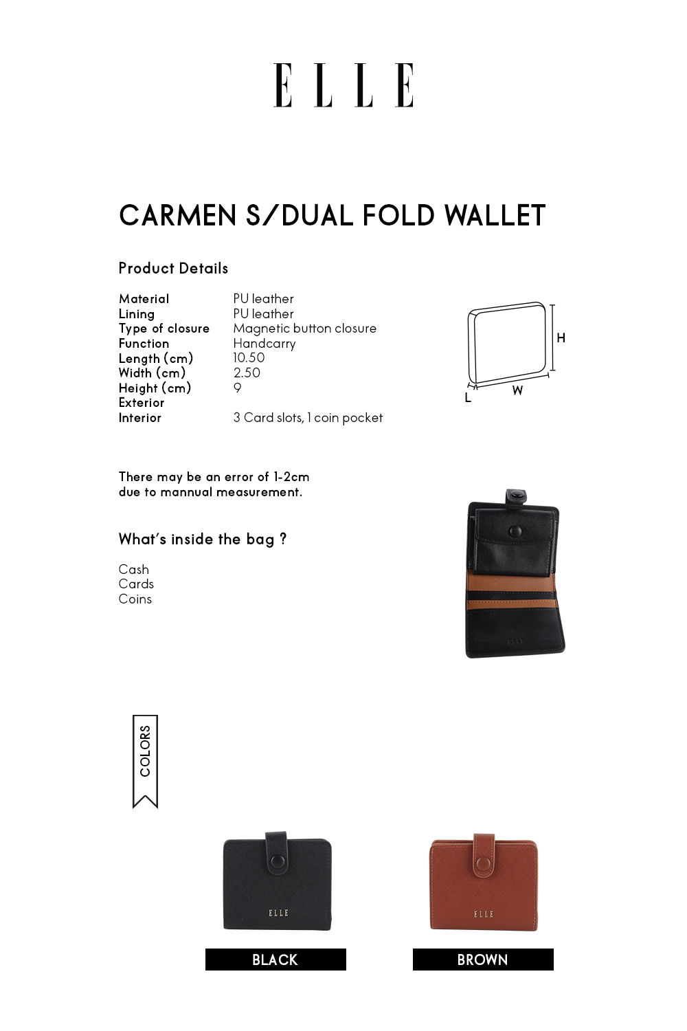 Elle Carmen Short Dual Fold Wallet (2 Colors: Black, Brown) | Shopee ...