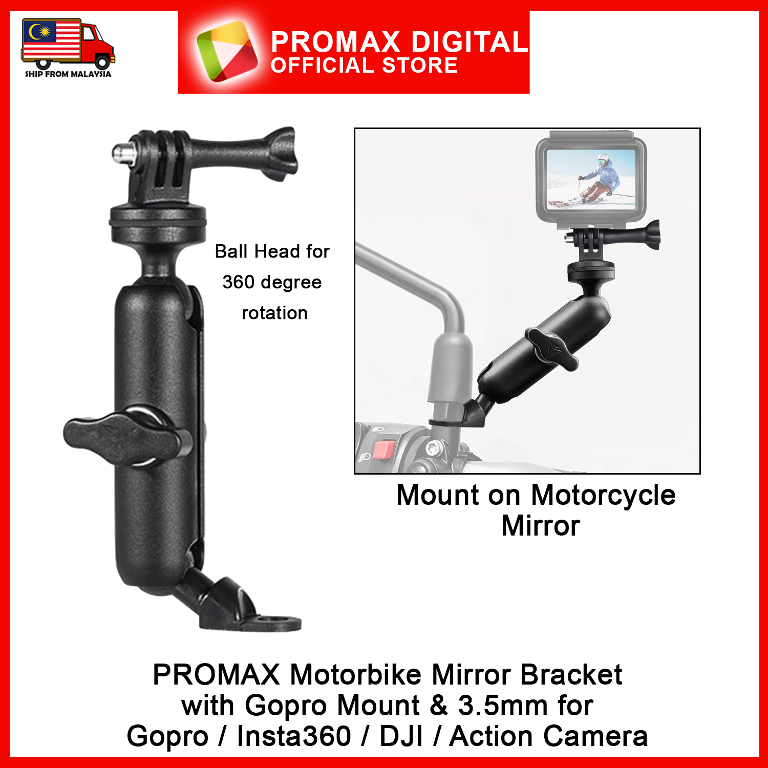 PROMAX Stability Motorbike Side Mirror Bracket with Gopro Mount & 3.5mm ...
