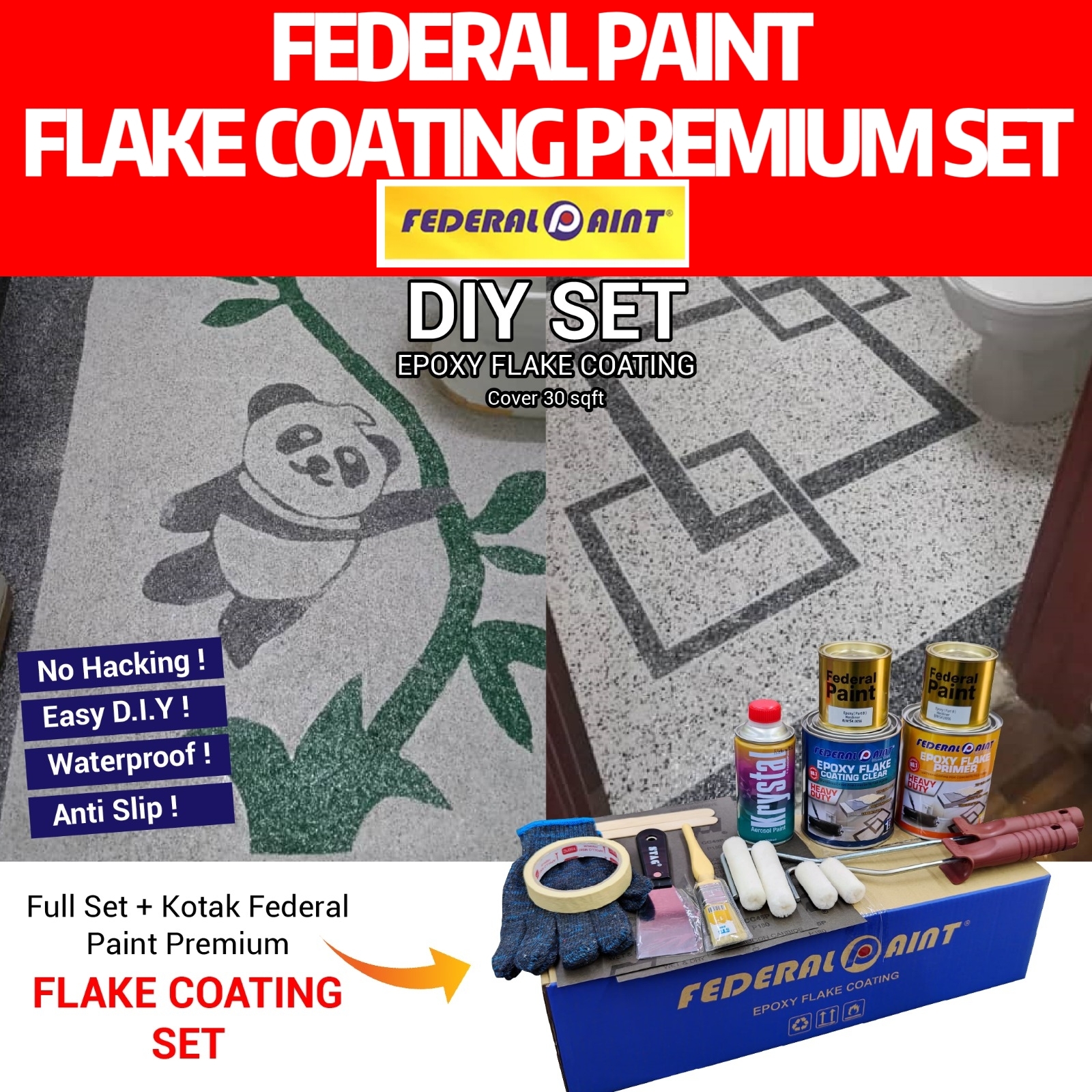 NEW! FEDERAL PAINT PREMIUM FULL SET FLAKE COATING GRED A KUALITI (1L ...