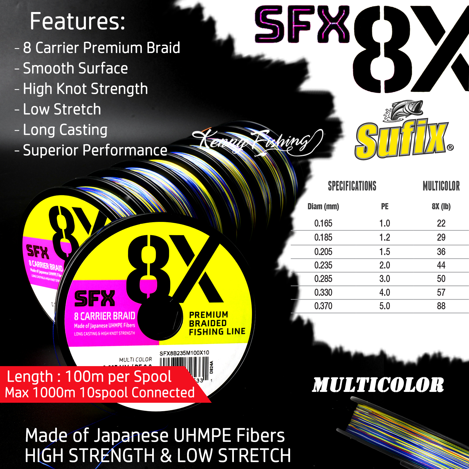 SUFIX SFX 8X / 4X 100YDS 150YDS 300YDS 8 Carrier Braid / 4 Carrier ...