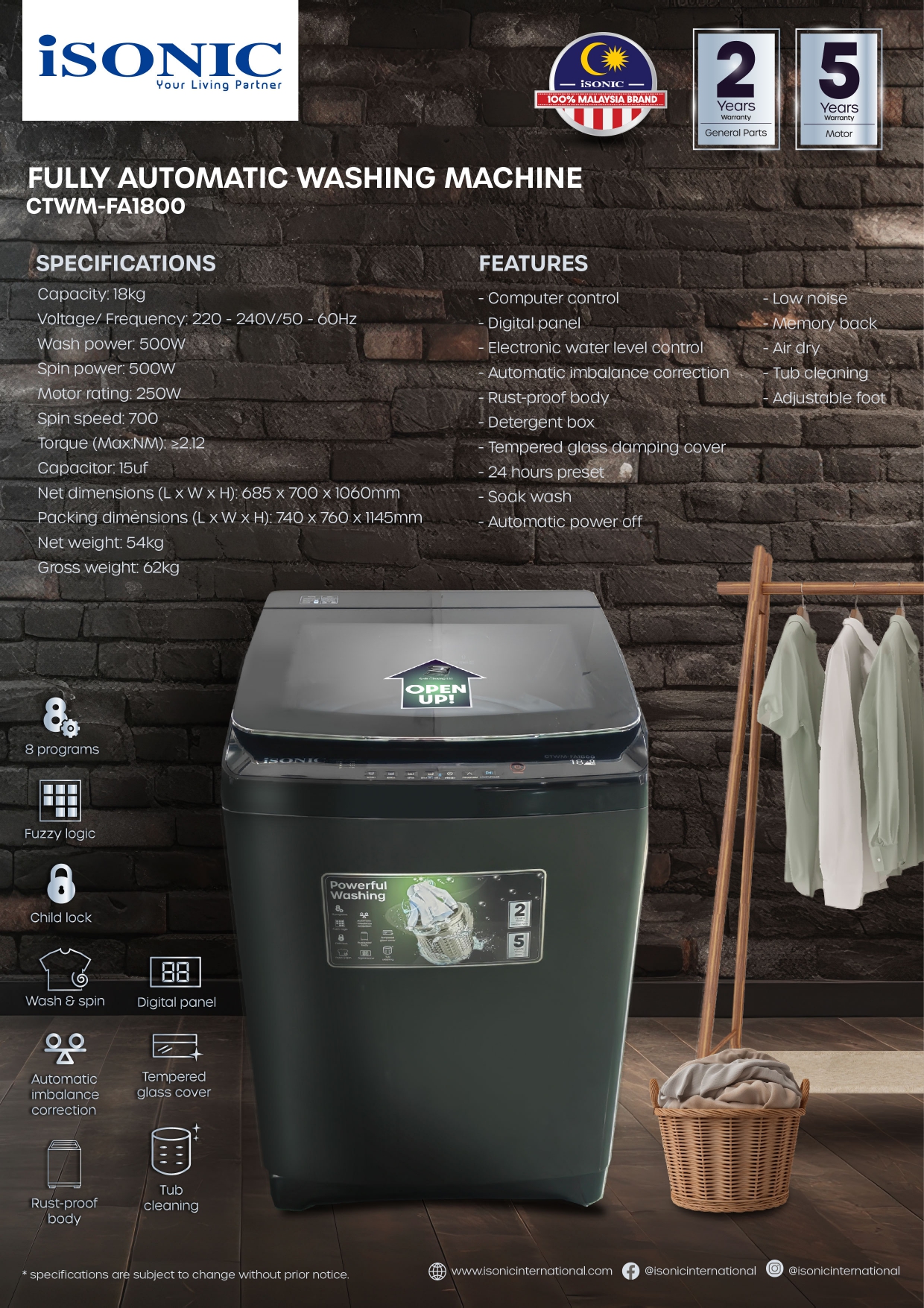iSONIC 18KG & 20KG Fully Auto Top Load Washing Machine | CTWM-FA1800 ...