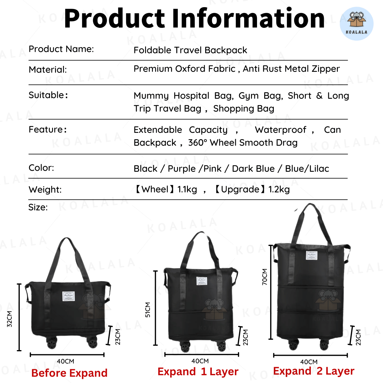 【Expandable】 Large Capacity Roller Travel Bag Portable Duffle Handbag ...