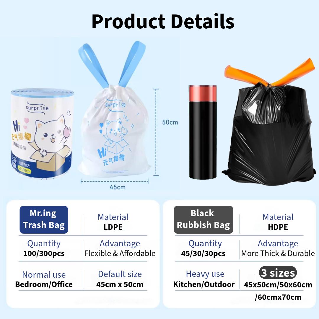Mr.Ing Drawstring Plastic Trash bag 100pcs thick garbage bag | Shopee ...