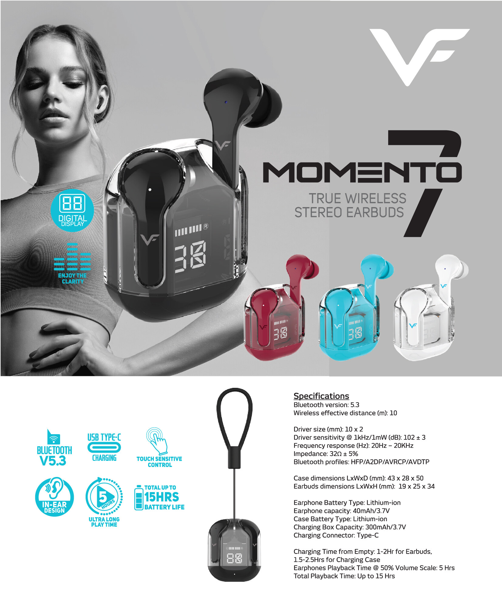 VINNFIER MOMENTO 7 TRUE WIRELESS STEREO EARBUDS WITH LED DISPLAY BUILT IN MIC TOUCH CONTROL ...