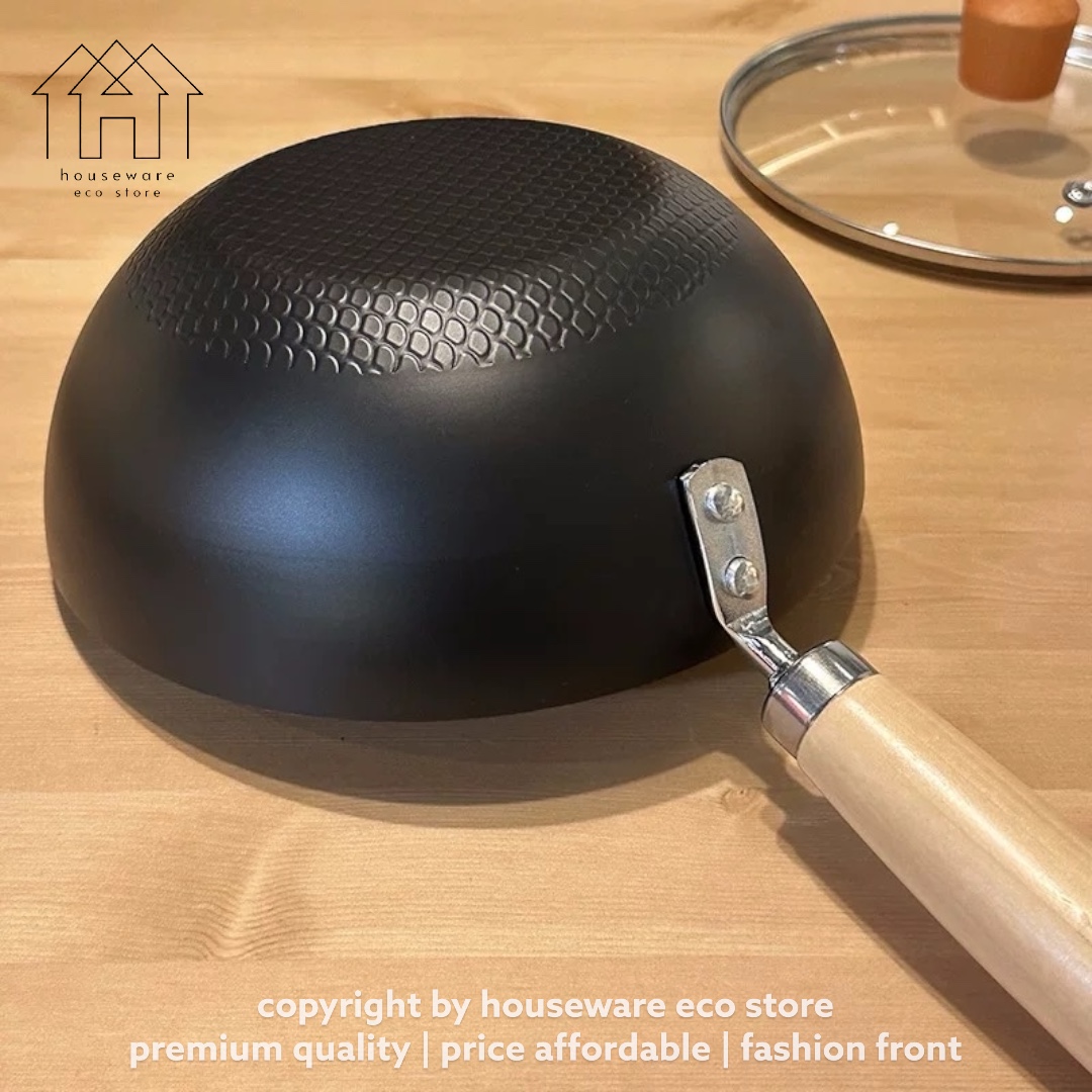 Japanese Non Stick Deep Wok Chinese Asian Cooking Wooden Handle Stir ...