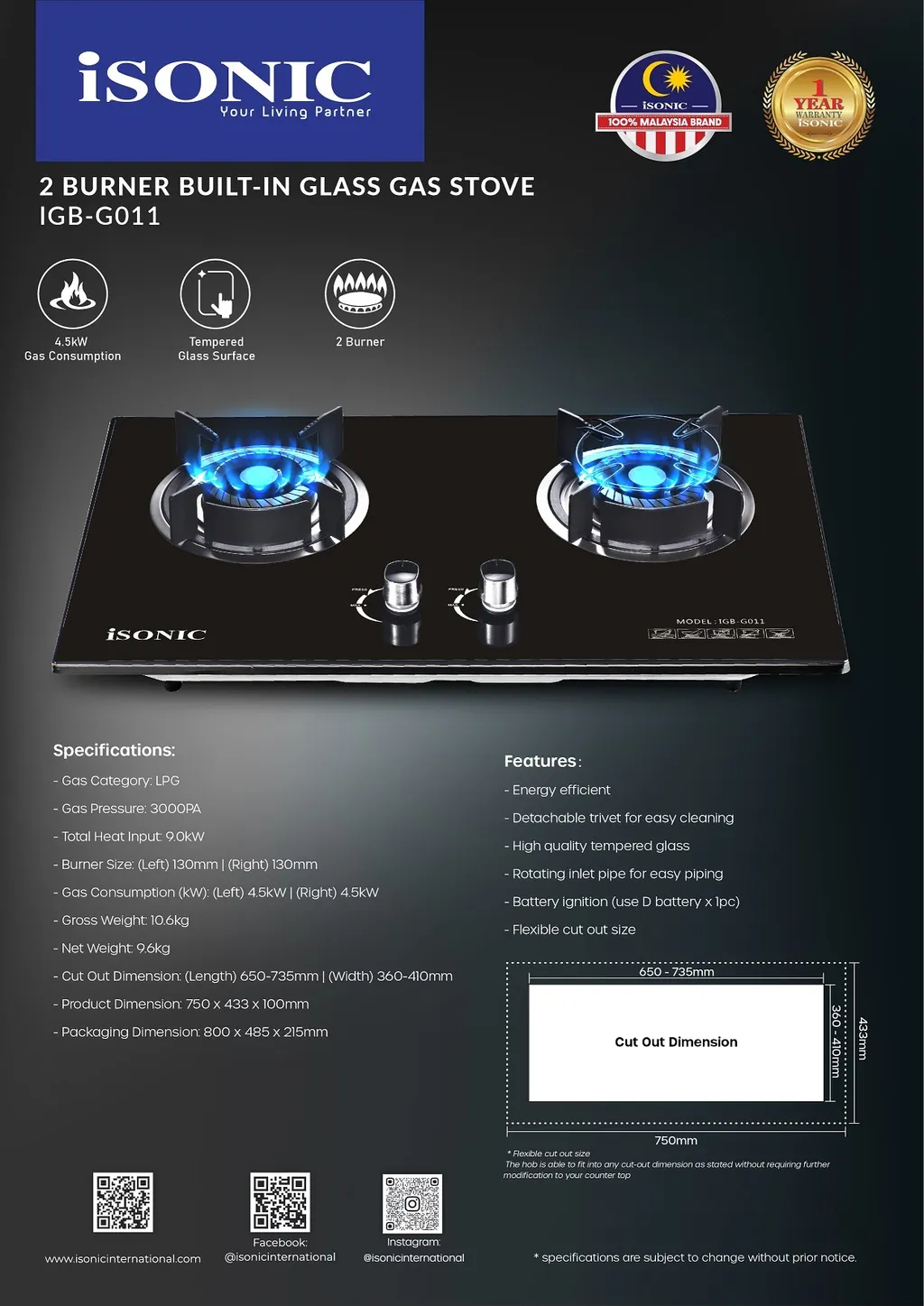 iSONIC Stainless Steel 2 Burner Built-in Hob | IGBSS012 IGB-G011 (Gas ...