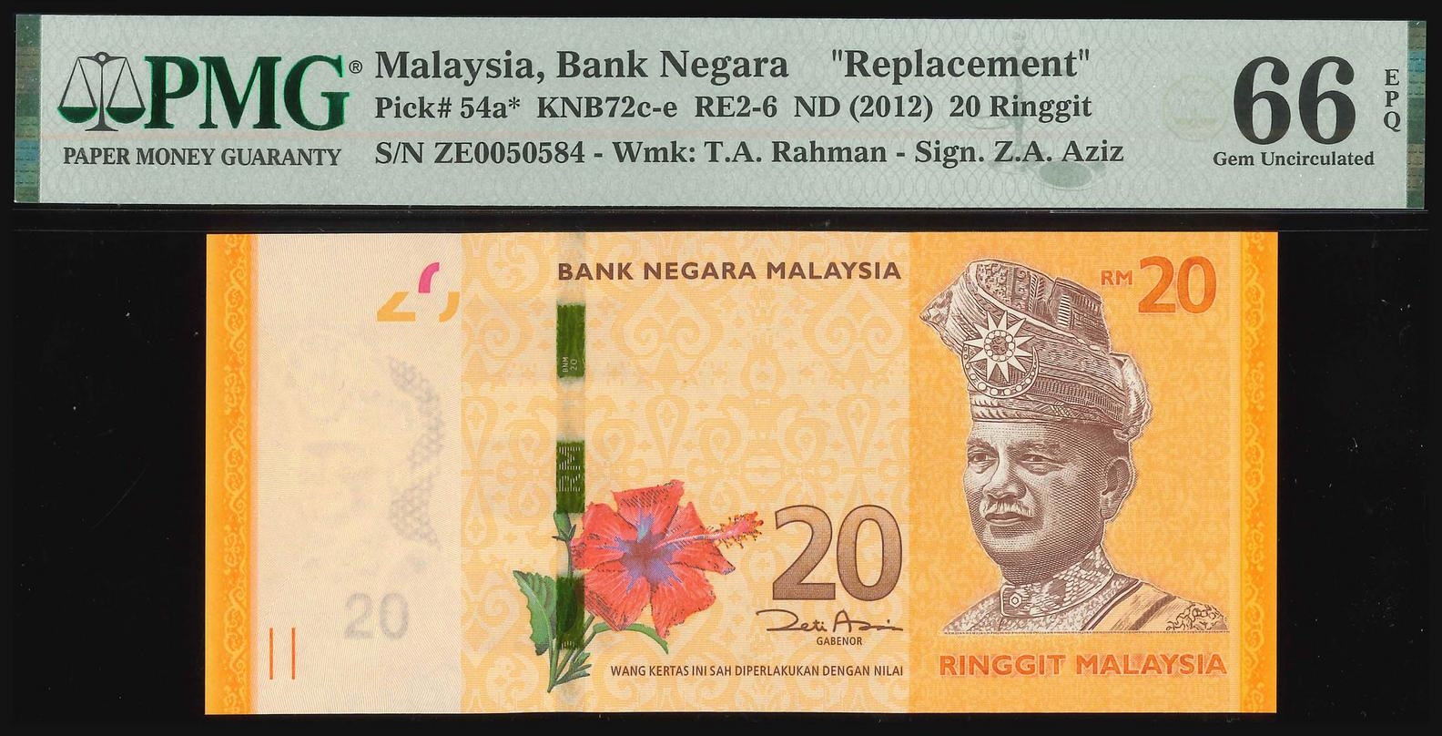 S/N. ZE 0050584 PMG 66 EPQ Malaysia, 12th series, 2012, Rm20 Ringgit, P ...
