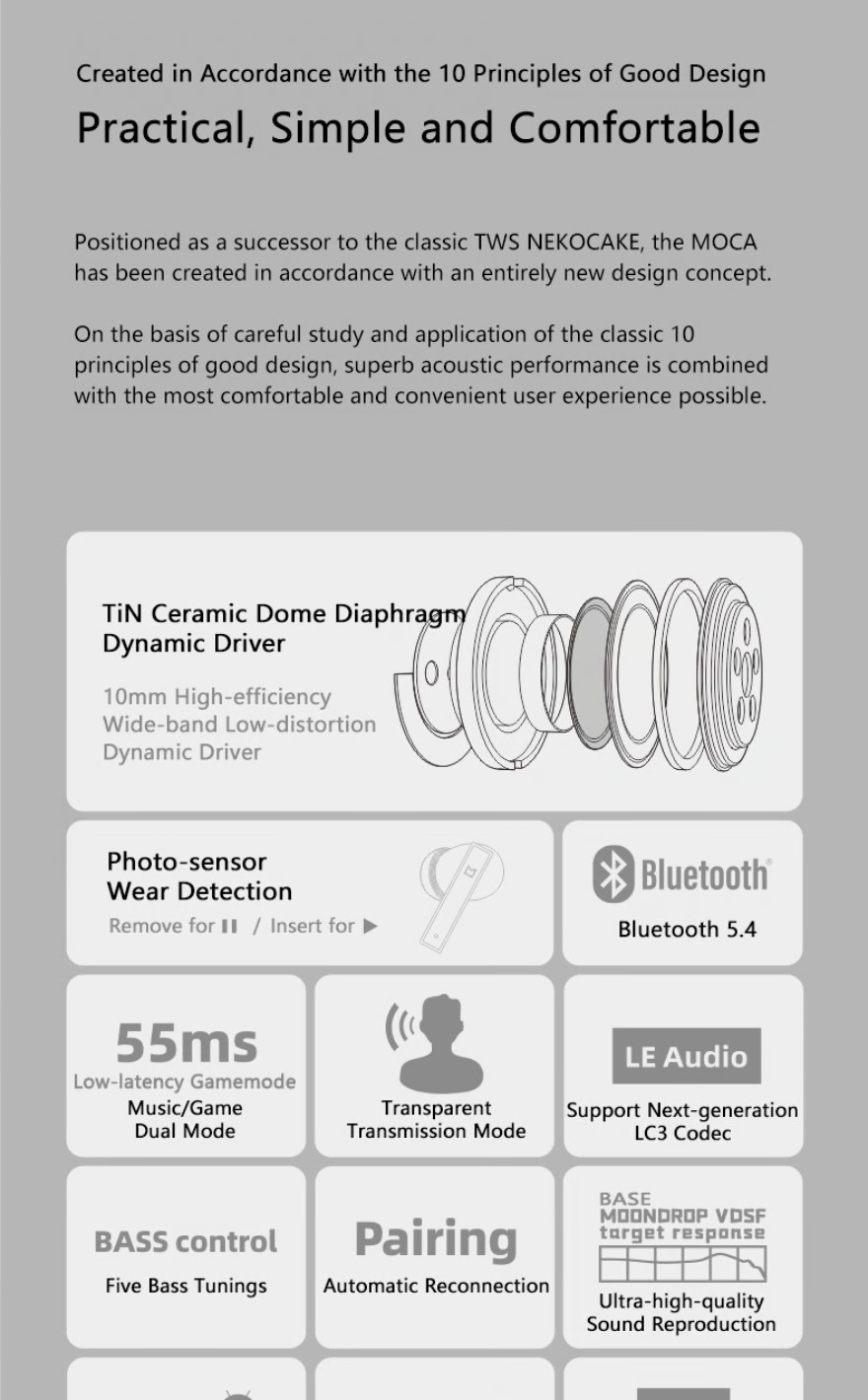 Moondrop Moca, True Wireless Earbuds: Bluetooth 5.4, 40dB ANC, LC3 ...