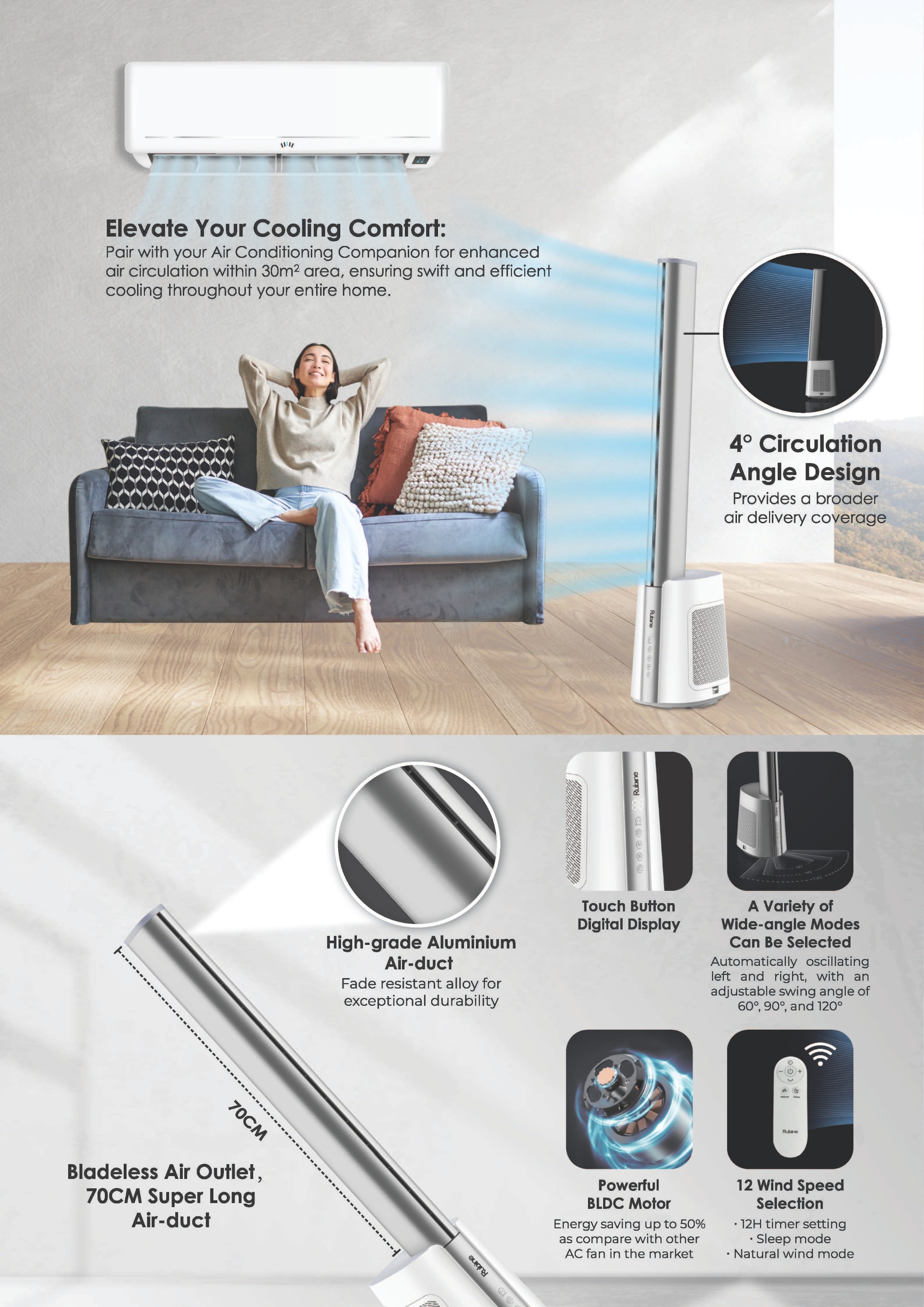 Rubine RBF-PISATA-SW Air Purifier Bladeless Remote Tower Stand Fan HEPA ...