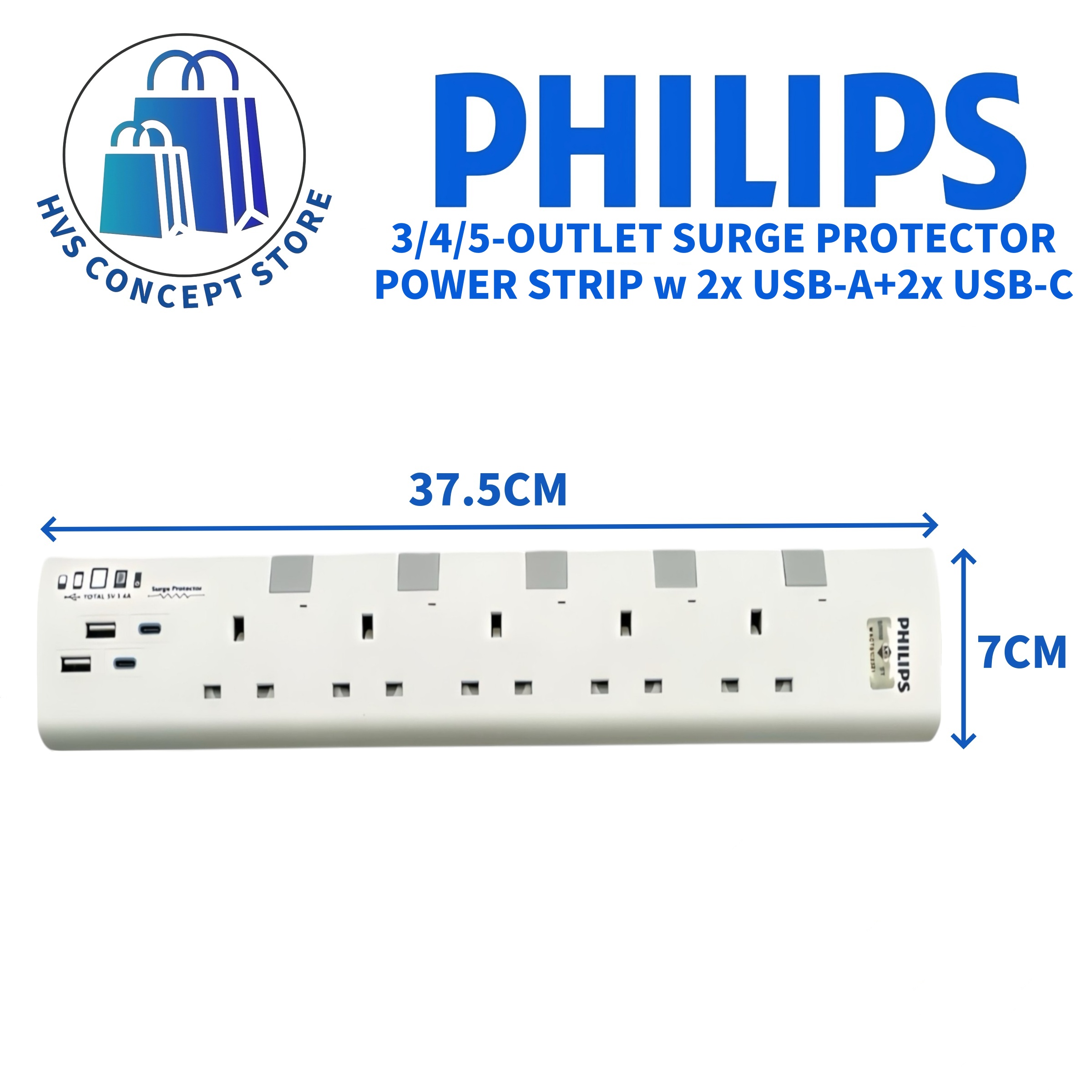PHILIPS 3/4/5-OUTLET SURGE PROTECTION POWER STRIP WITH 2x USB-A + 2x ...