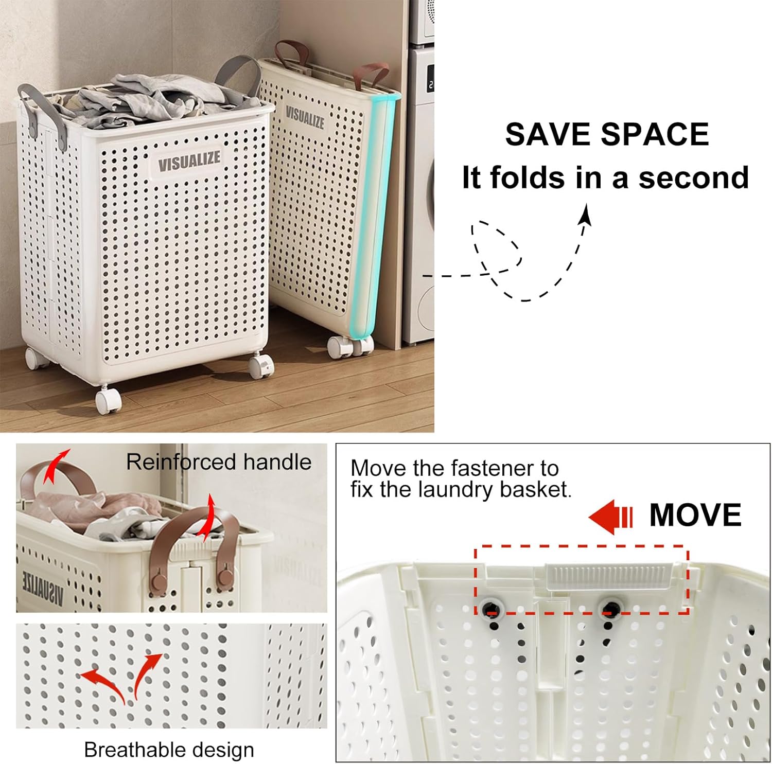 Collapsible Laundry Basket with Wheels and Handle Foldable Clothes ...