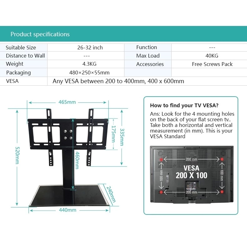 TV Stand Desktop TV Bracket Monitor Stand Tempered Glass Base Universal ...