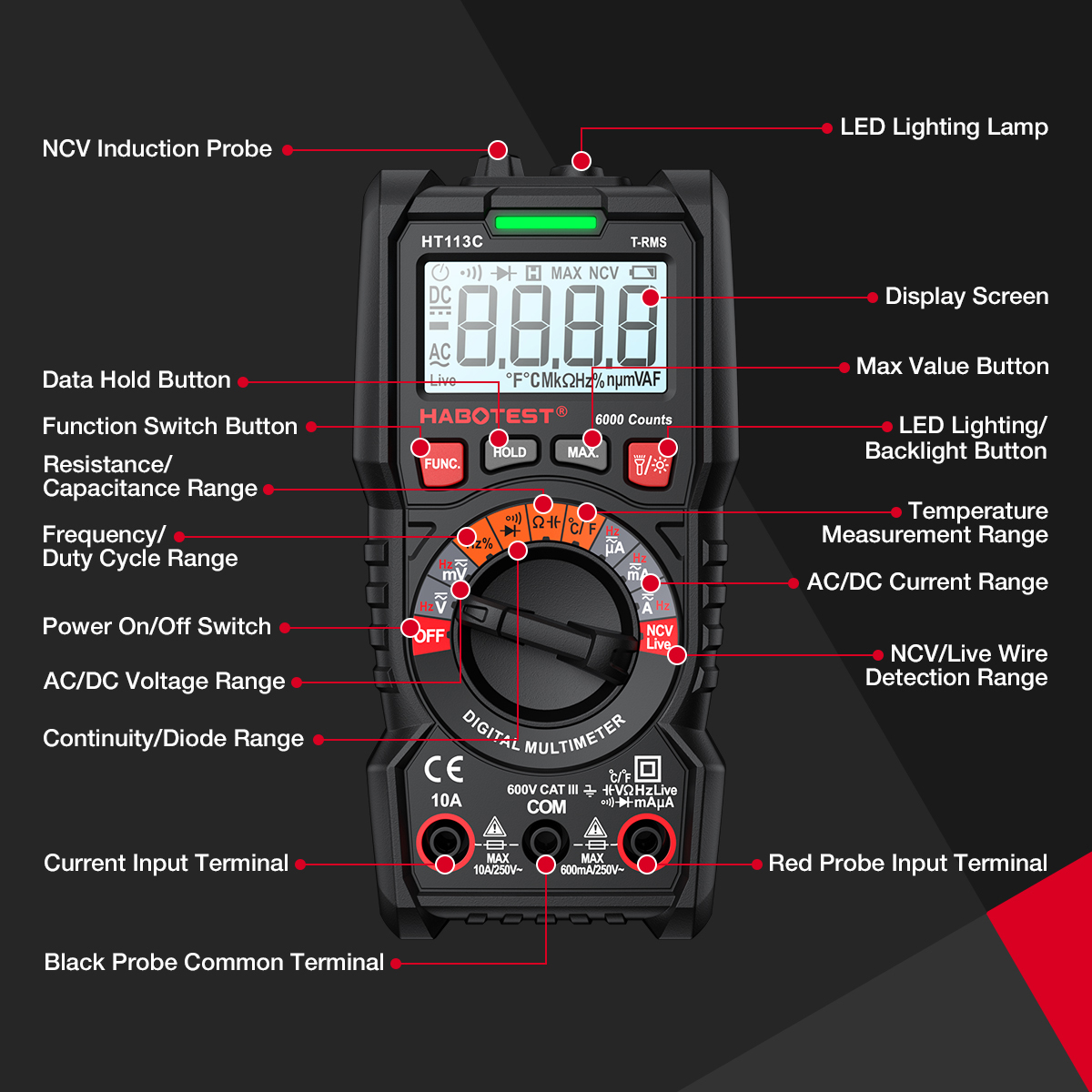HABOTEST📢HT113 Multimeter 600V Professional Multimeter AC/DC Voltage ...