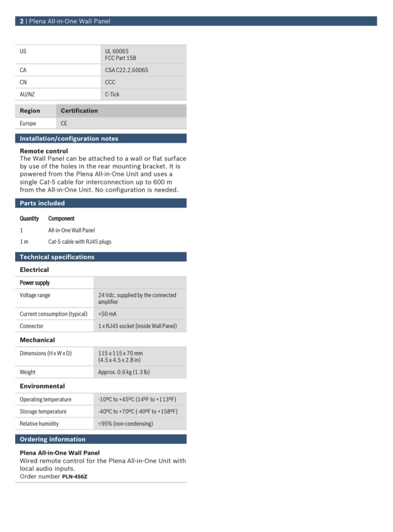 BOSCH PLN-4S6Z wall panel controls the volume, source and zone ...