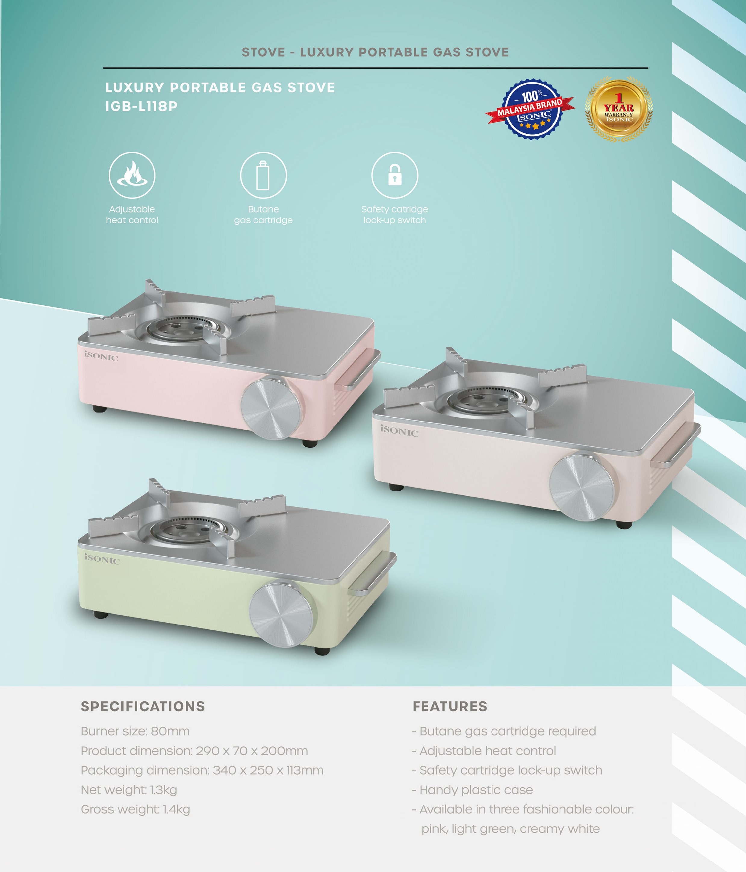 Isonic Luxury Portable Gas Stove - Creamy White/Pink/Light Green IGB ...