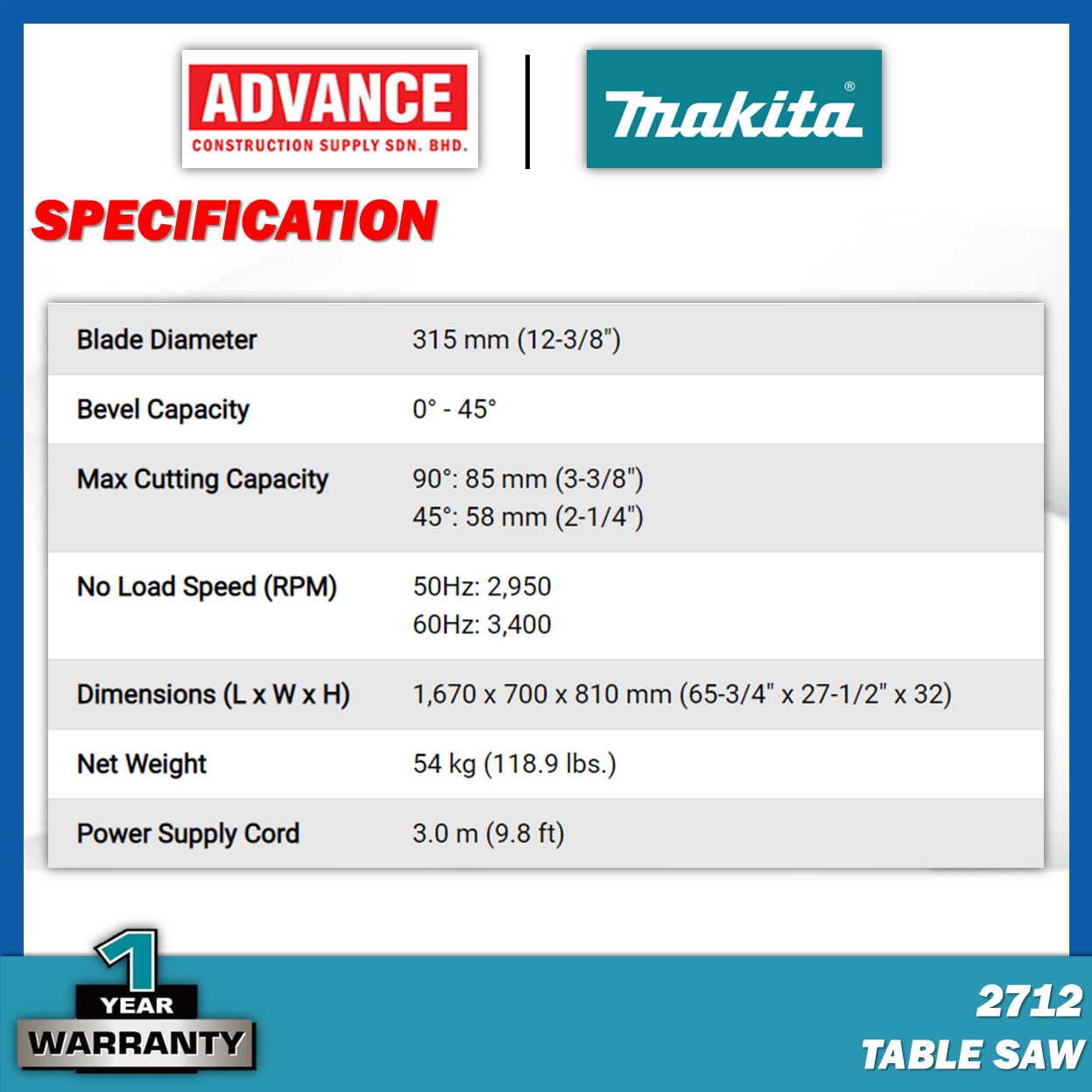 MAKITA 2712 Table Saw 315MM (12-3/8") | Shopee Malaysia