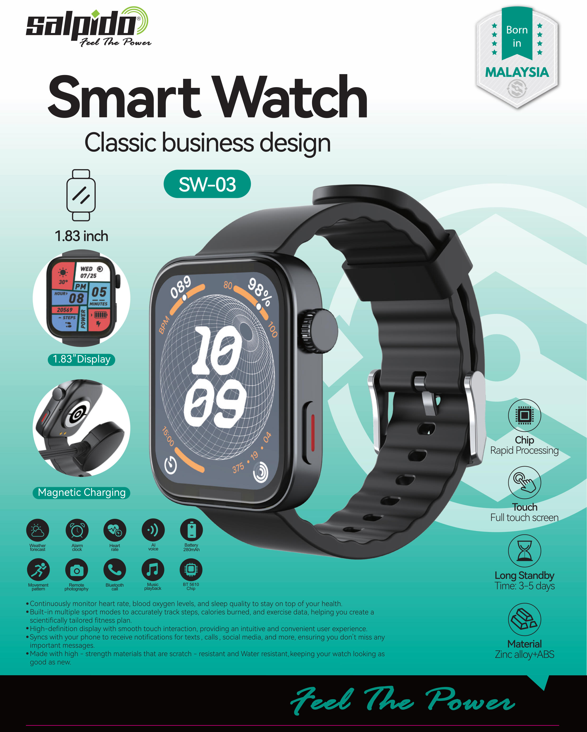 Salpido SW-03 Smartwatch | 1.83” Display | Magnetic Charging | Zinc Alloy Frame | BT5.1 | Shopee ...