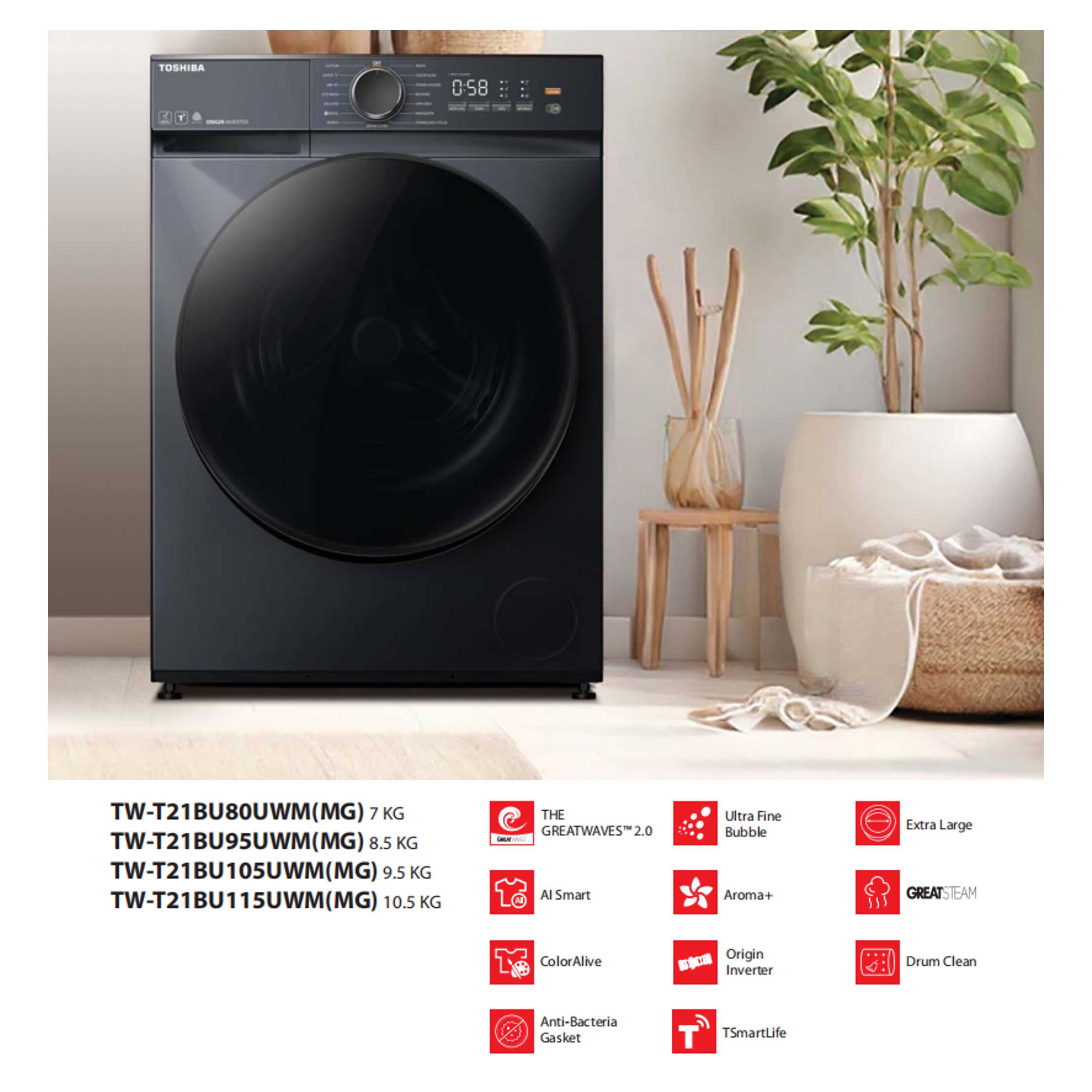 [New Model] Toshiba Front Loading Washing Machine (7kg / 8.5kg / 9.5kg / 10.5kg) TW-T21BU105UWM ...