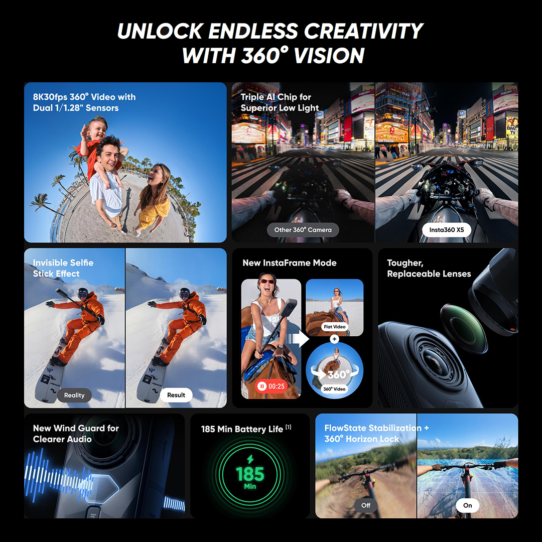 Insta360 X5 Waterproof 8K 360 Video 72MP Photo Dual Lens Action Camera ...