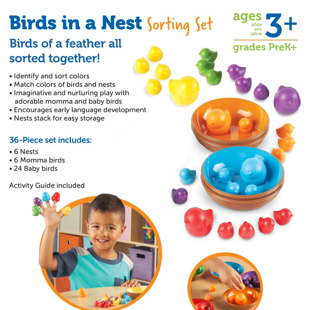 Learning Resources Birds in a Nest Sorting Set- Age 3+, Fine Motor, Counting, Matching, Stacking ...