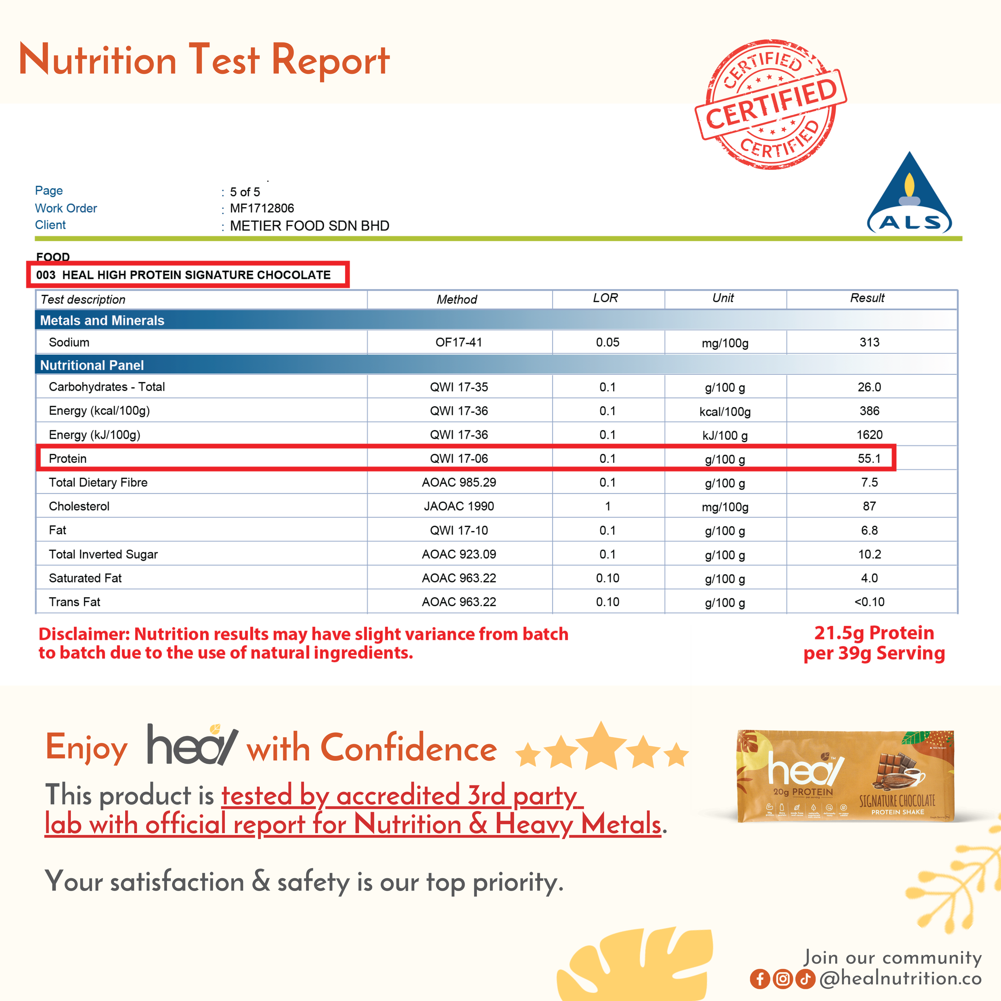 Heal Signature Chocolate Whey Protein Shake Dairy Based Powder (585g - 15 Servings) - HALAL ...