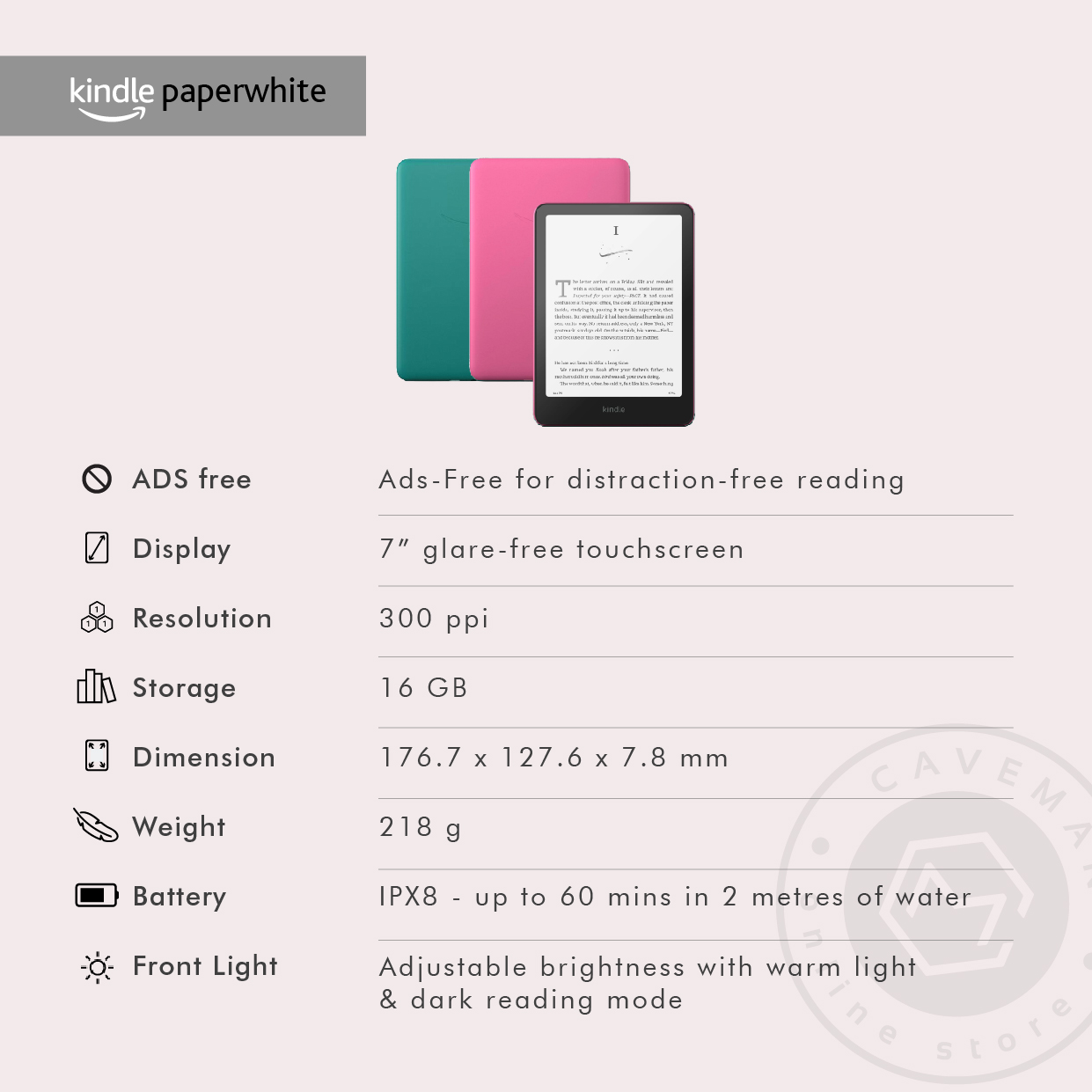 Kindle Paperwhite 6 | 12th Gen (No Ads) - Raspberry & Jade - 16 / 32GB ...