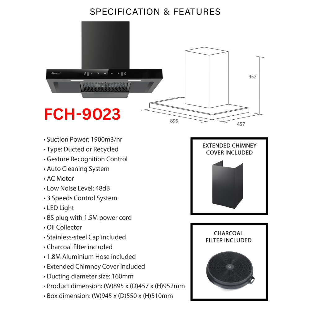 【FREE SHIPPING】Firenzzi FCH-9378ACX Cooker Hood (2500m³/hr) Auto Clean ...