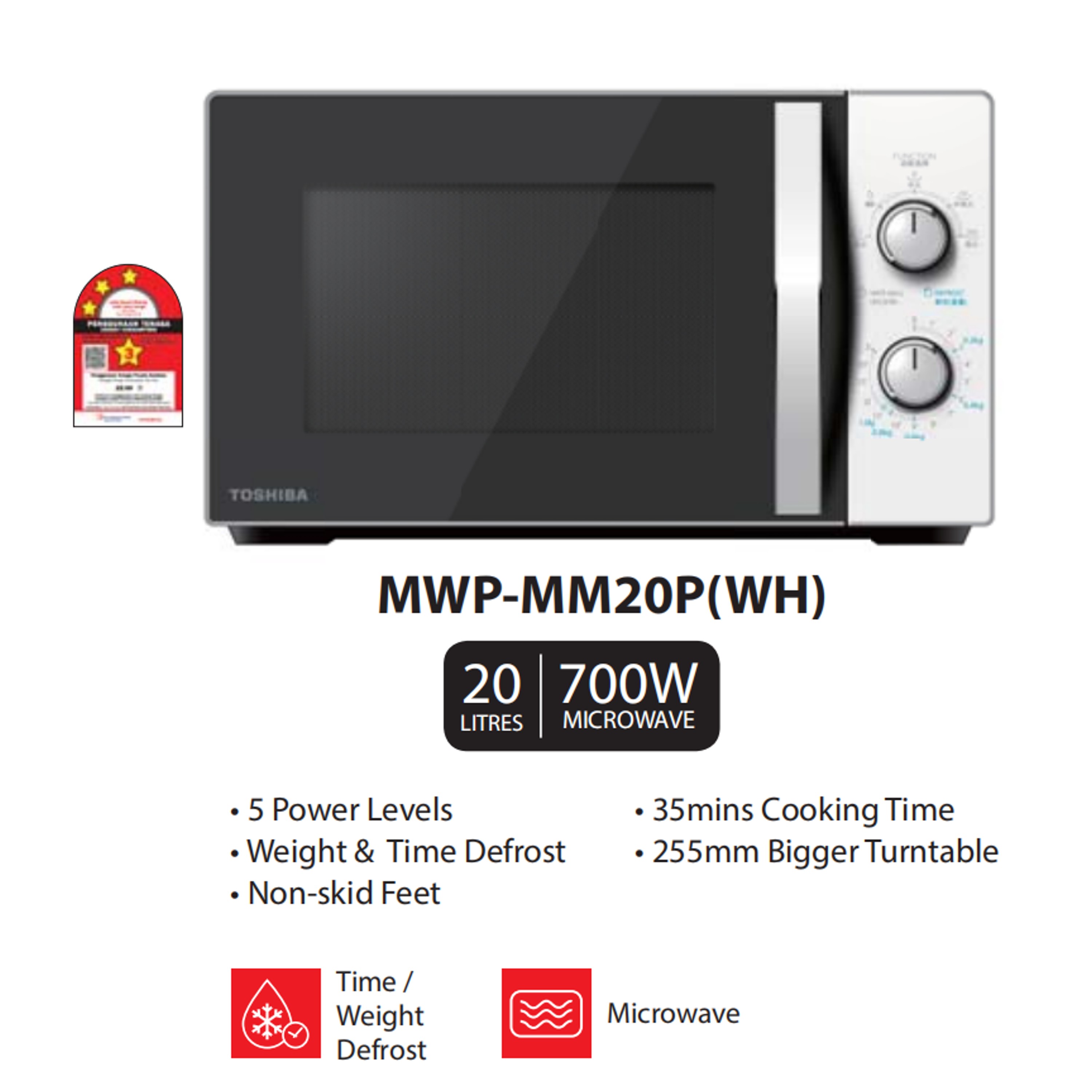 Toshiba Microwave Oven (20L) MWP-MM20P(WH) / MW-MG20P(BK) / ER-SGS20(K ...